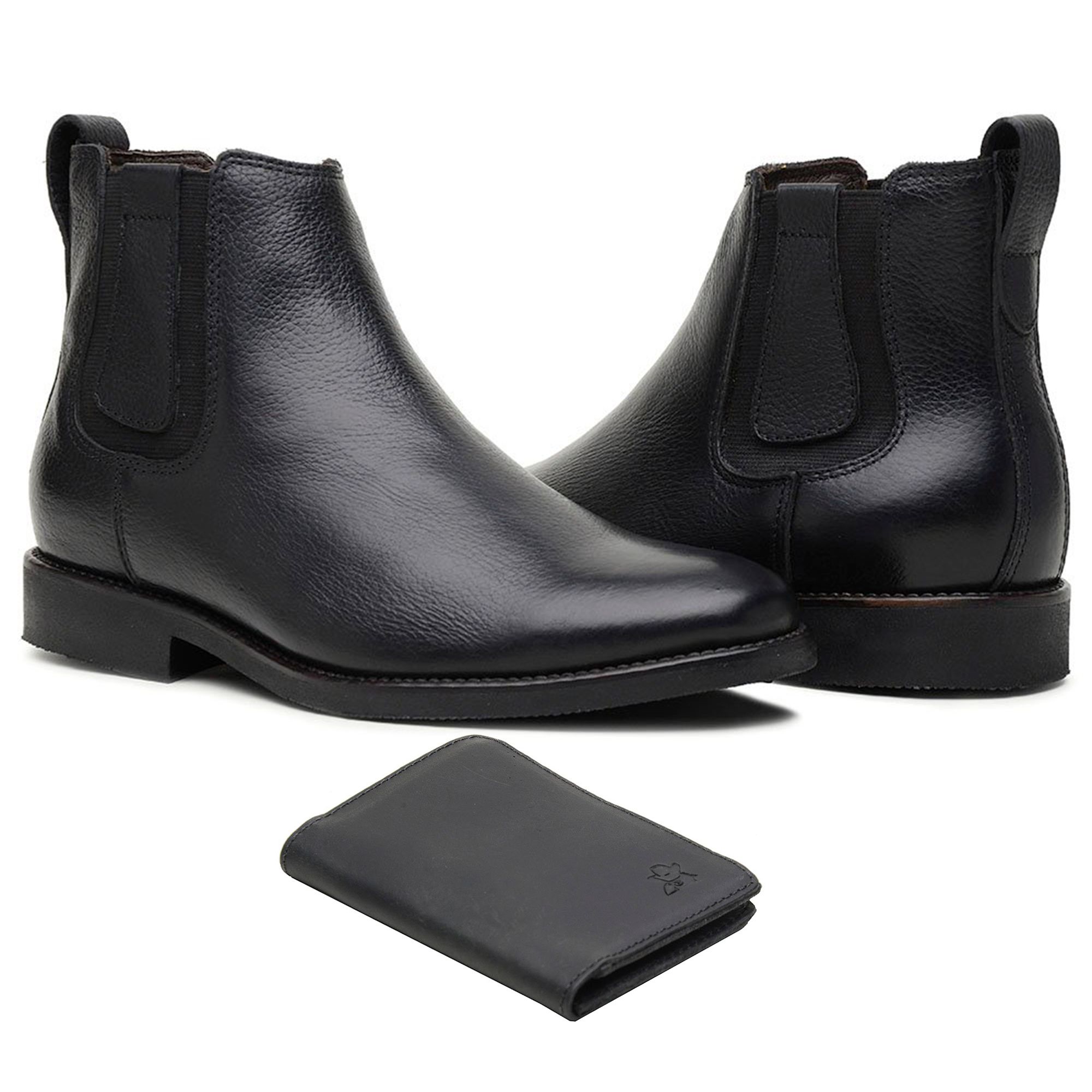 BOTA CHELSEA ANATÔMICA COURO FLOATHER PRETO + CARTEIRA RÚSTICO PRETO ...