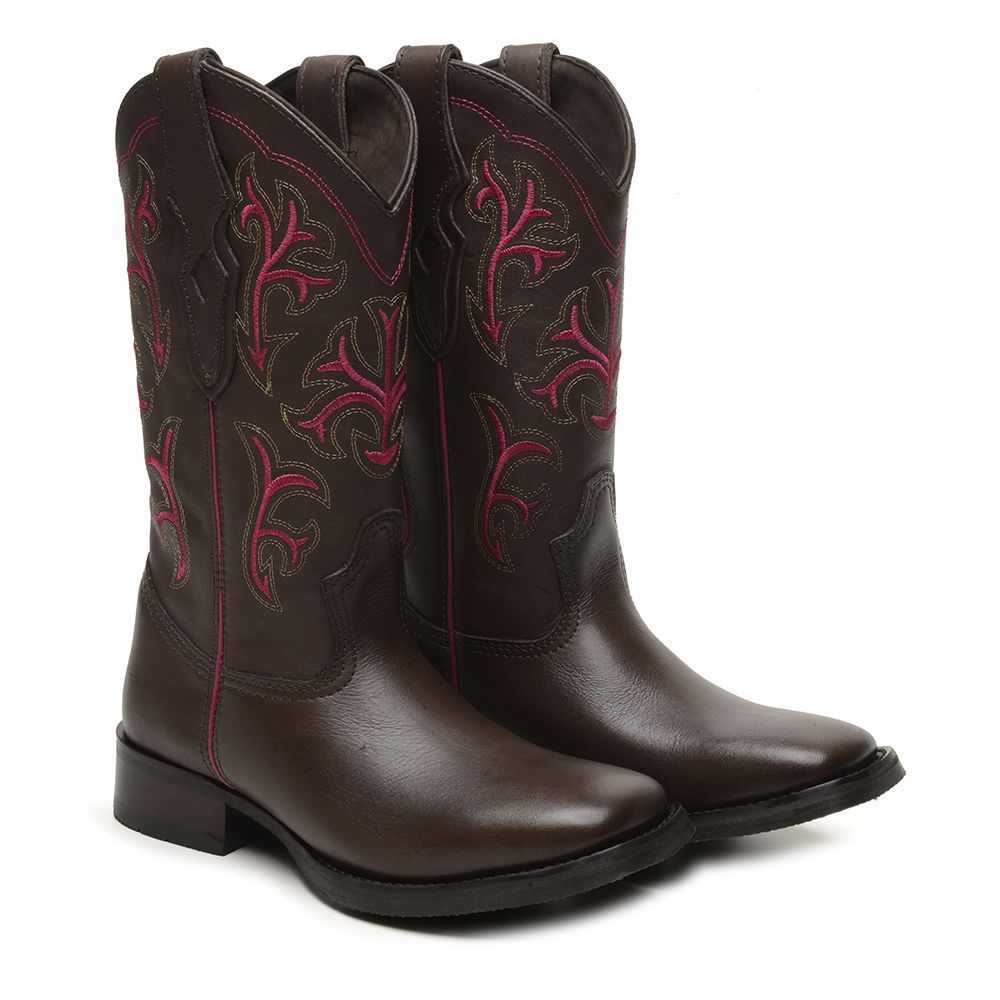 Bota feminina Texana couro Latego Café Tribal Rosa Gaspia lisa sola pré ...