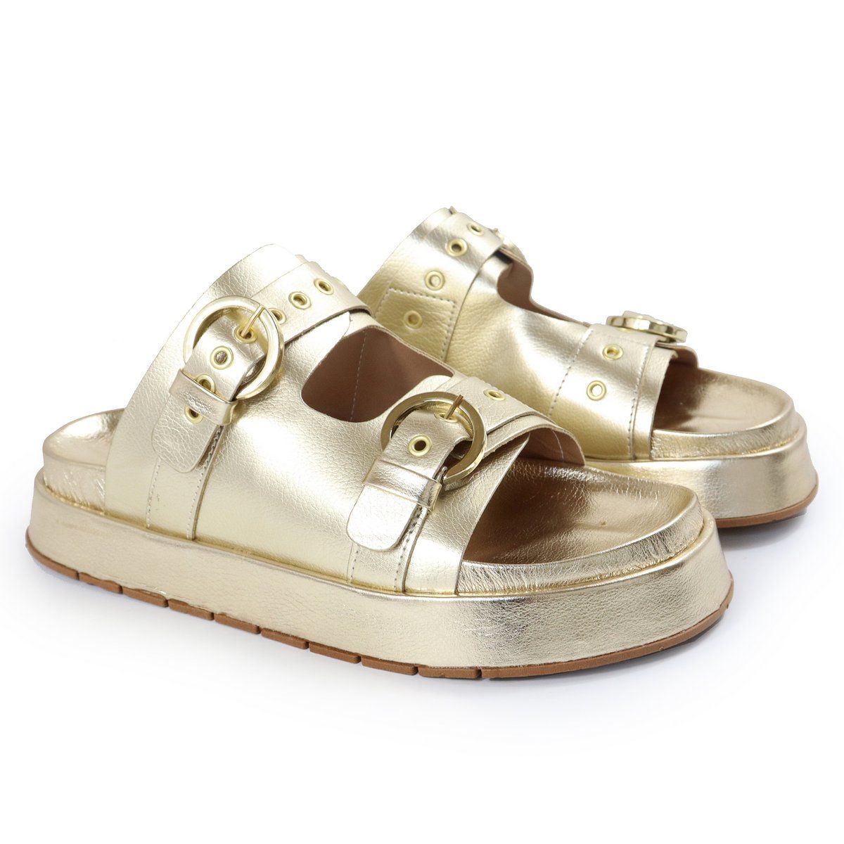 Papete Feminina Vitoria Duas Tiras Sola Alta Dourada | Arietto