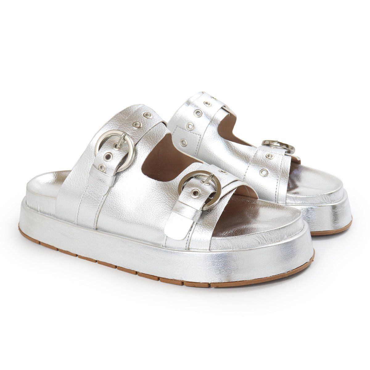 Papete Feminina Vitoria Duas Tiras Sola Alta Prata | Arietto