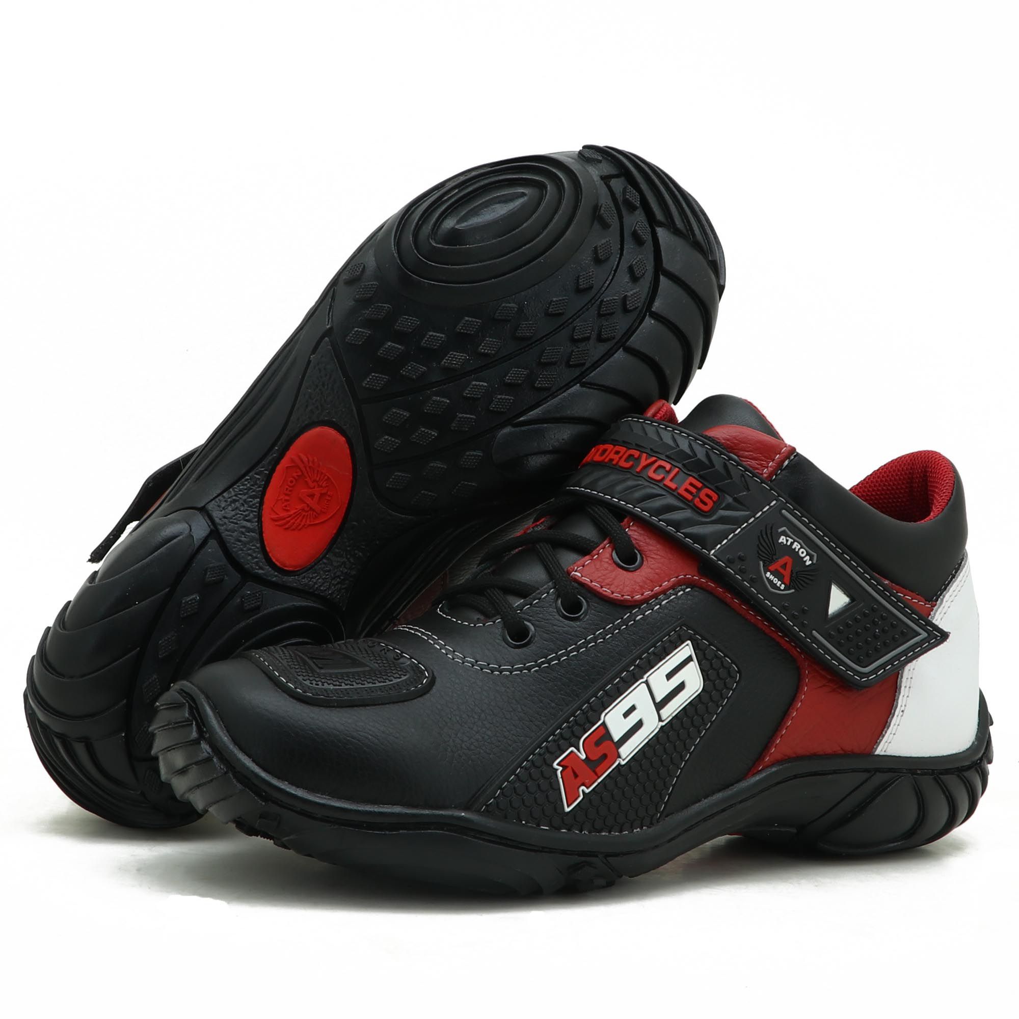 Tênis motociclista AS95 de couro legítimo na cor preta com vermelho e ...