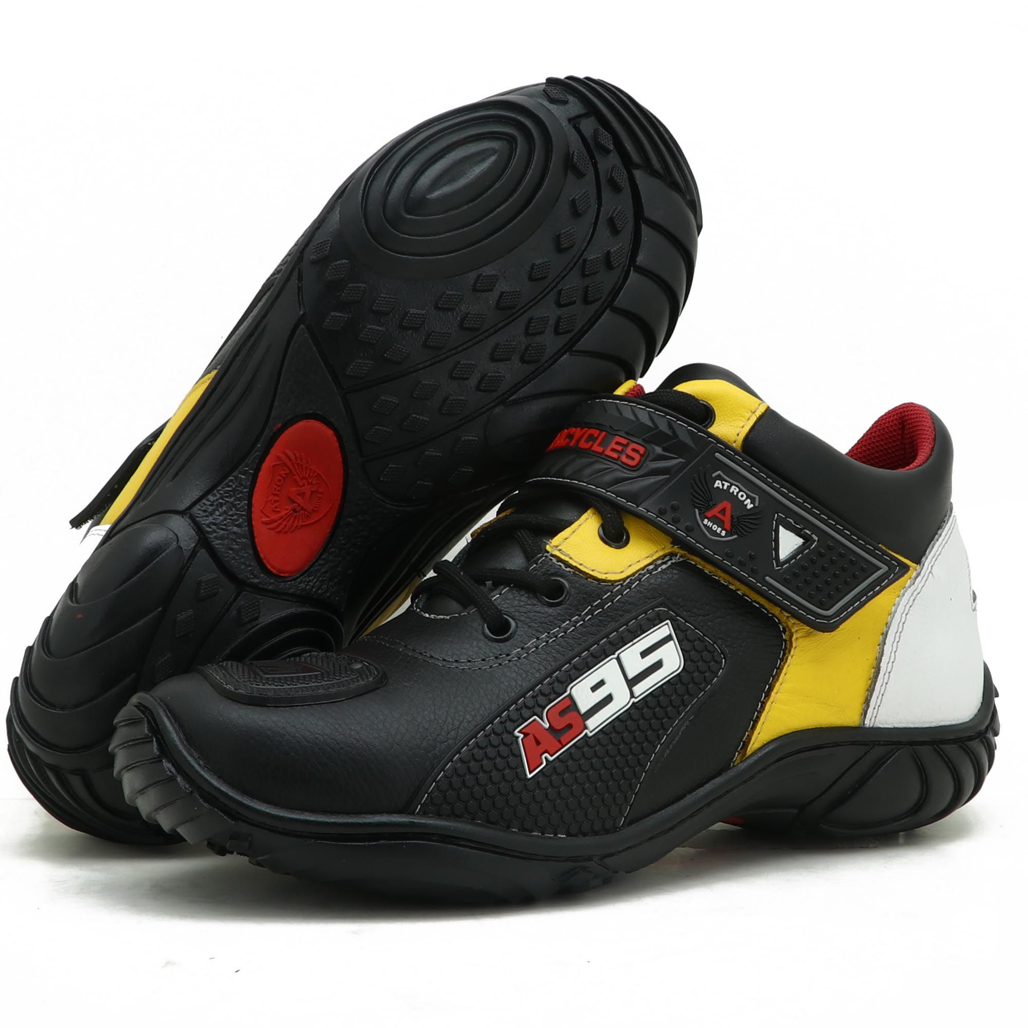 Tênis Motociclista AS95 Em Couro Legitimo nas cores preto amarelo e ...
