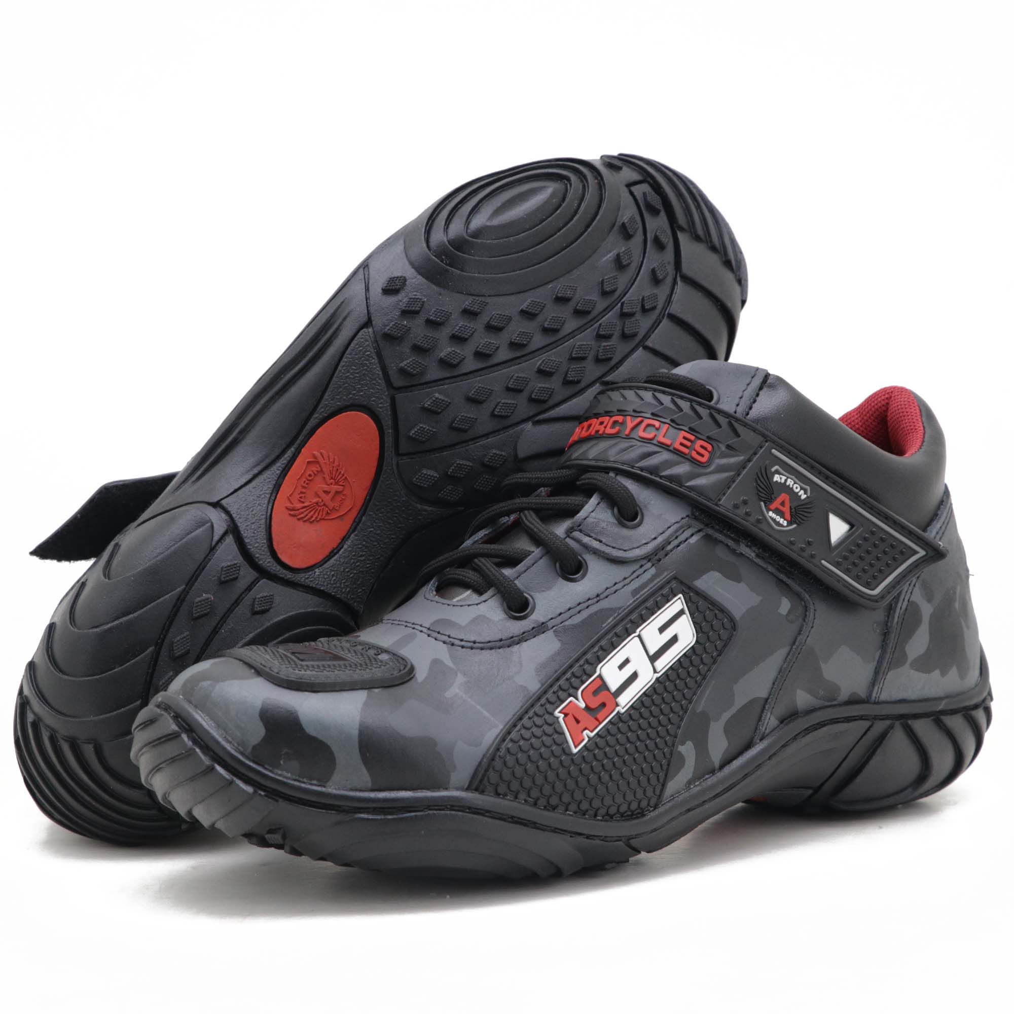 Tênis motociclista AS95 camuflado cinza em couro legítimo 403 | Atron Shoes