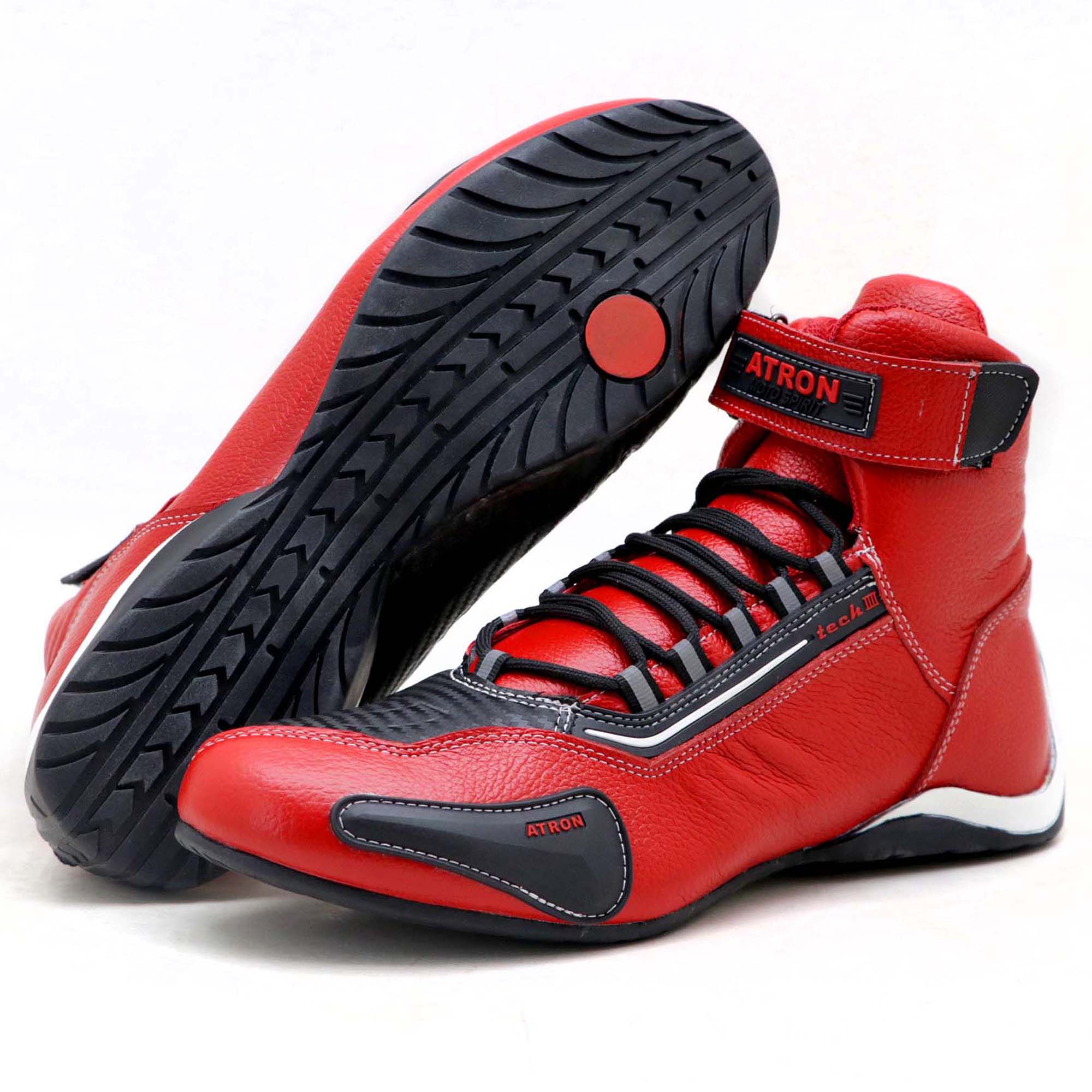 Tênis motociclista cano alto em couro legítimo nas cores vermelho e ...
