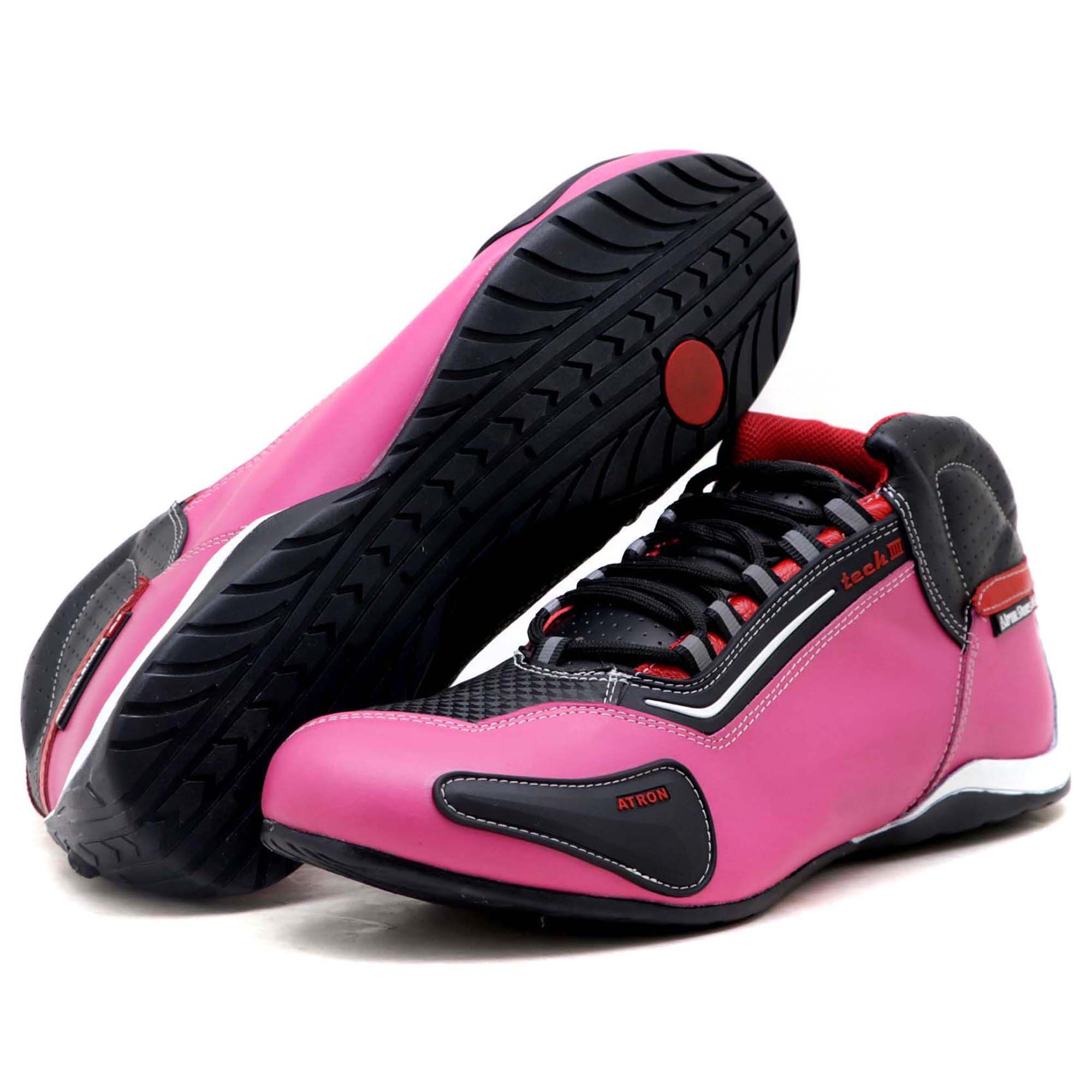 Tênis motociclista feminino em couro legítimo na cor rosa e preto 312 ...