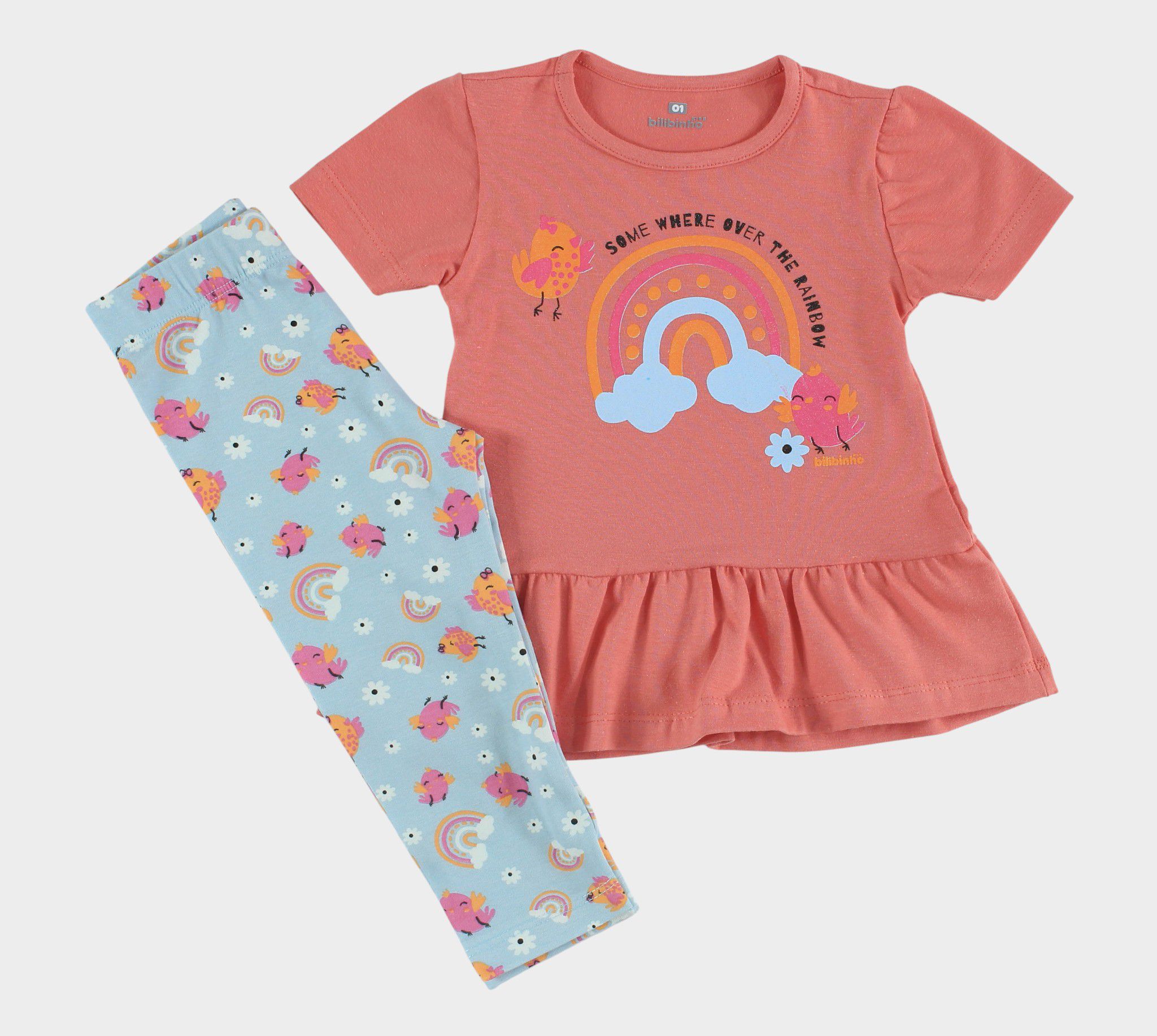 CONJUNTO BABY ISIS BLUSA LISA LARANJA - PÁSSAROS AZUL | BILIBINHO KIDS