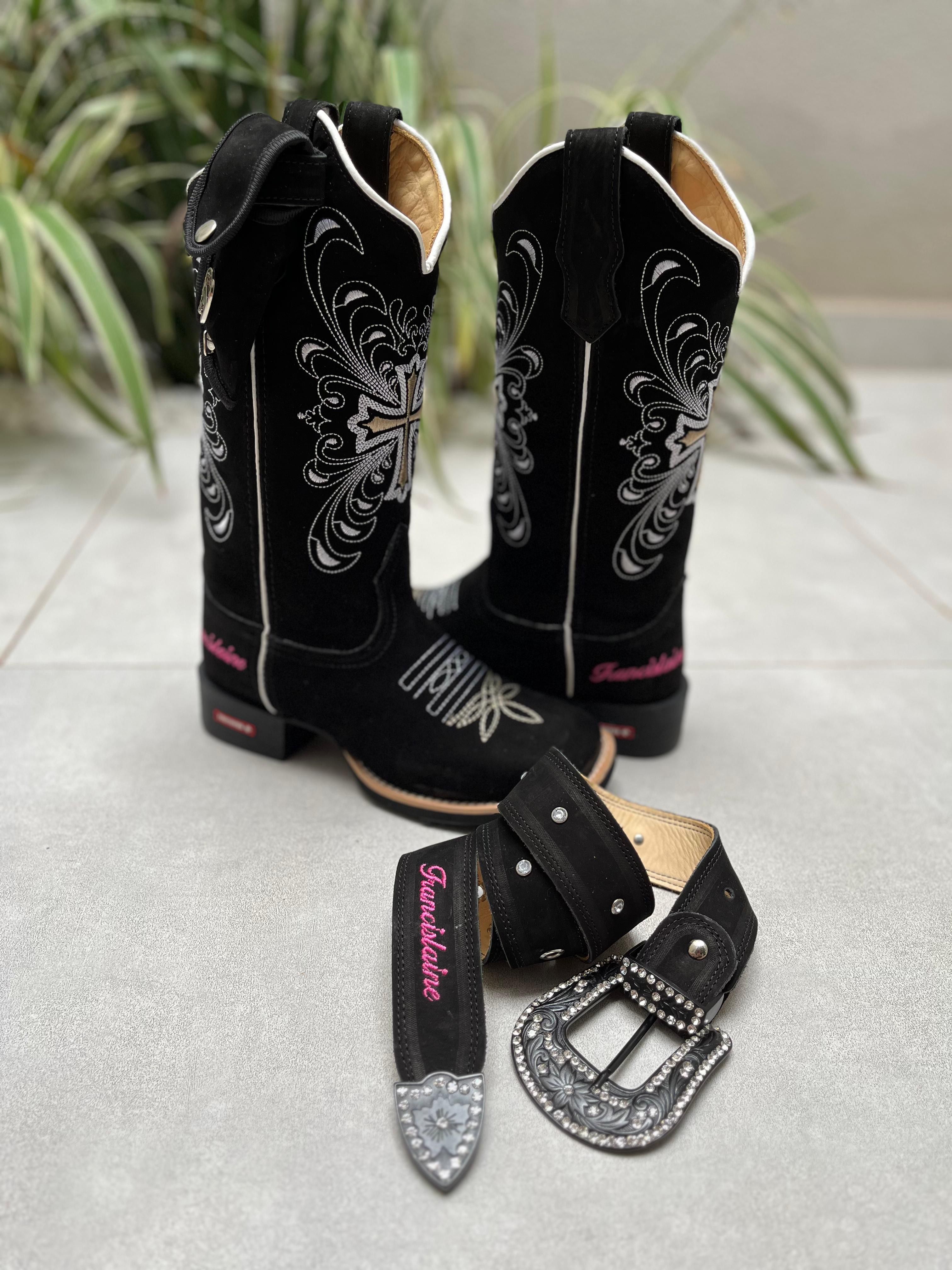 COMBO BOTA TEXANA + CINTO EM COURO BORDADO CRUZ E BOIADEIRA COM KIT ...