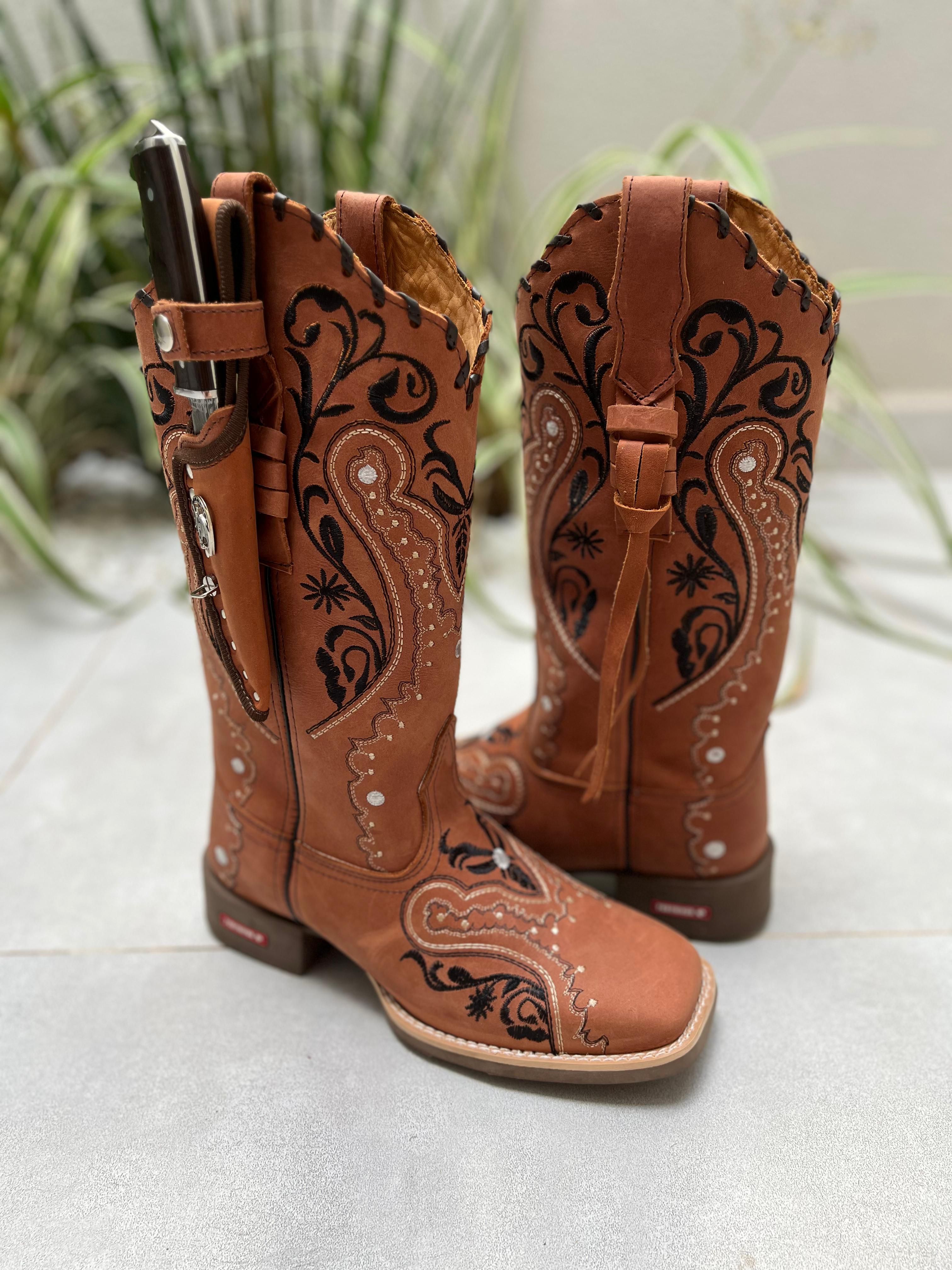 BOTA TEXANA EM COURO BORDADO TRIBAL COM KIT FACA + TRICE + CORDINHA ...