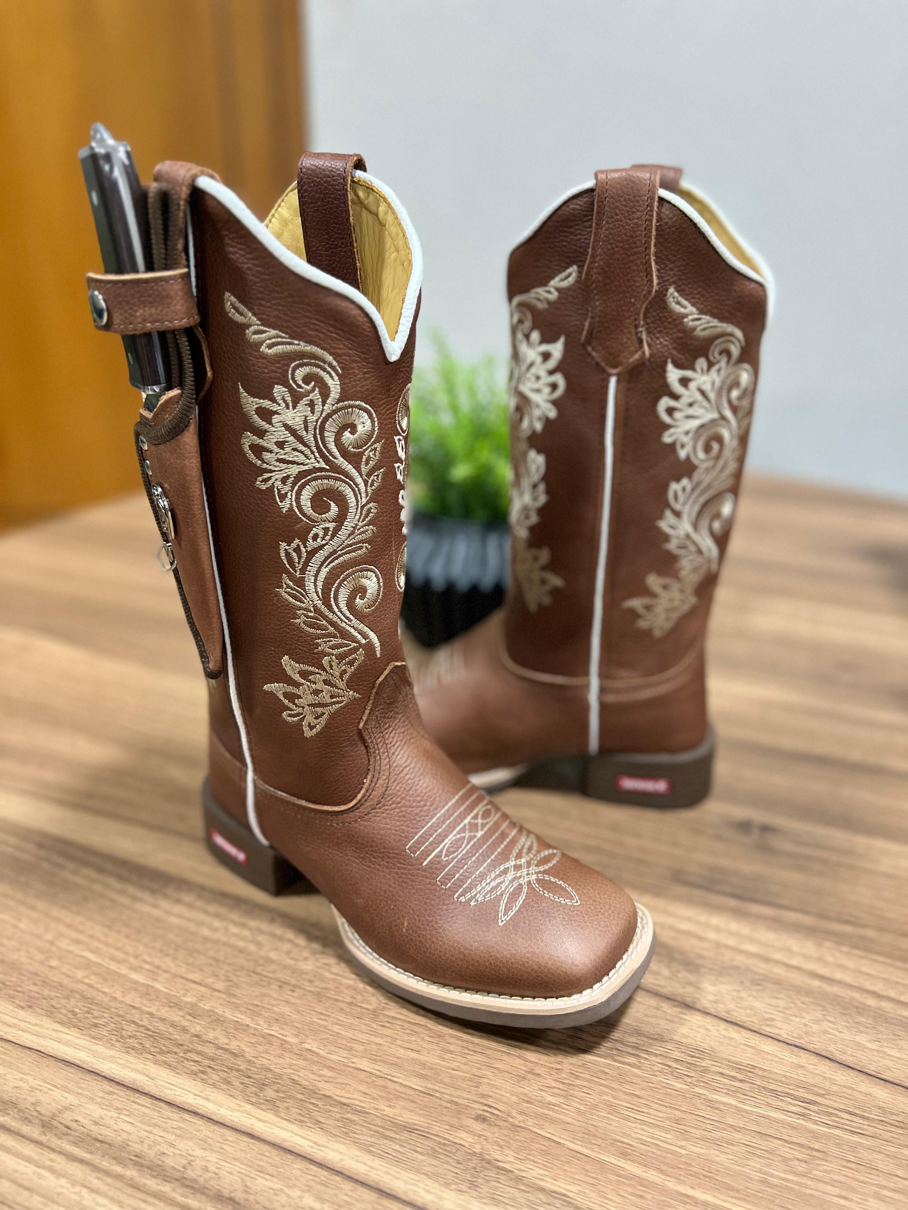 BOTA TEXANA EM COURO AMANDA BORDADA + BAINHA + FACA | Botas Texanas Bruto