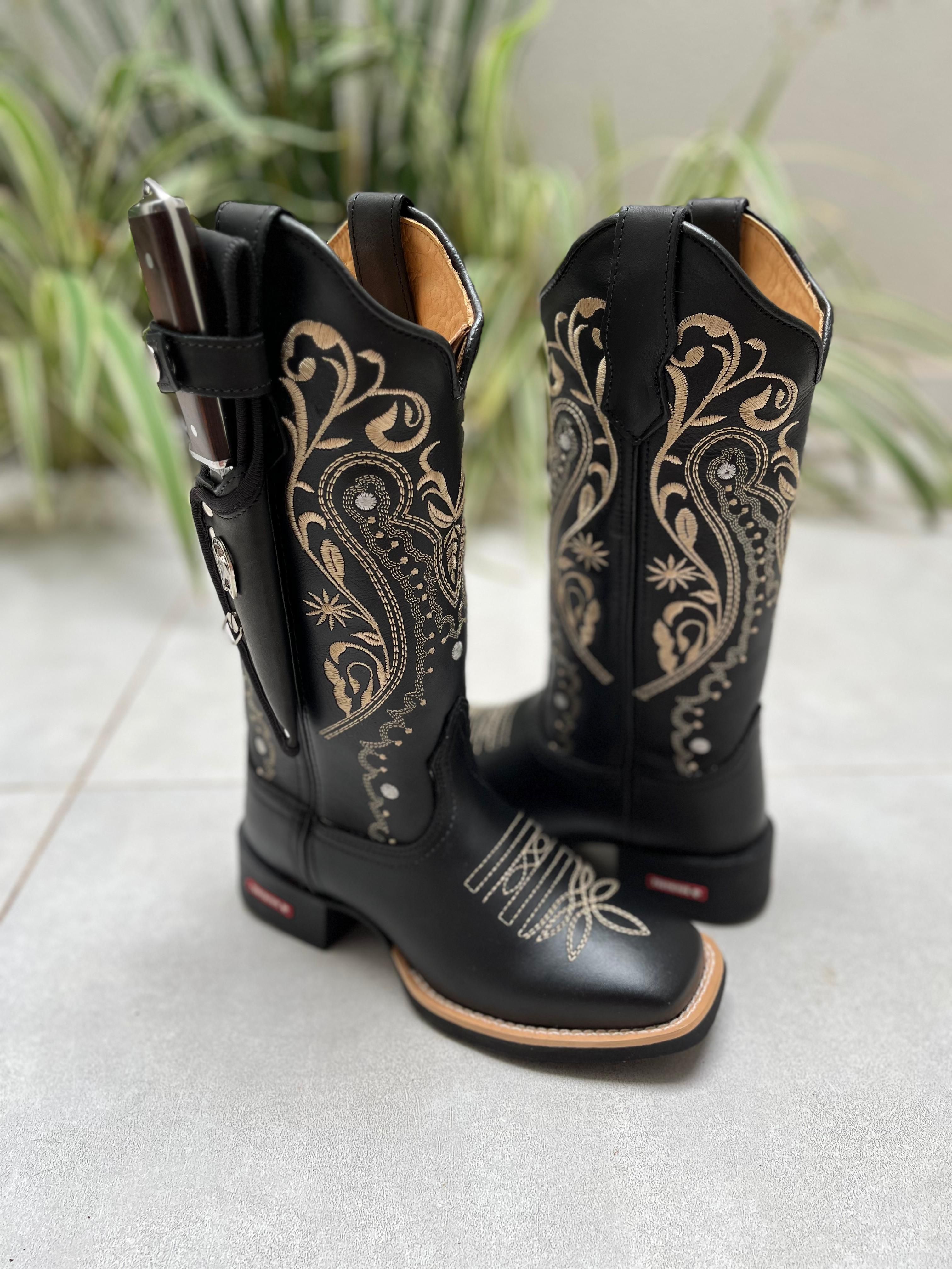 BOTA TEXANA EM COURO PRETO BORDADO TRIBAL + BAINHA + FACA | Botas ...