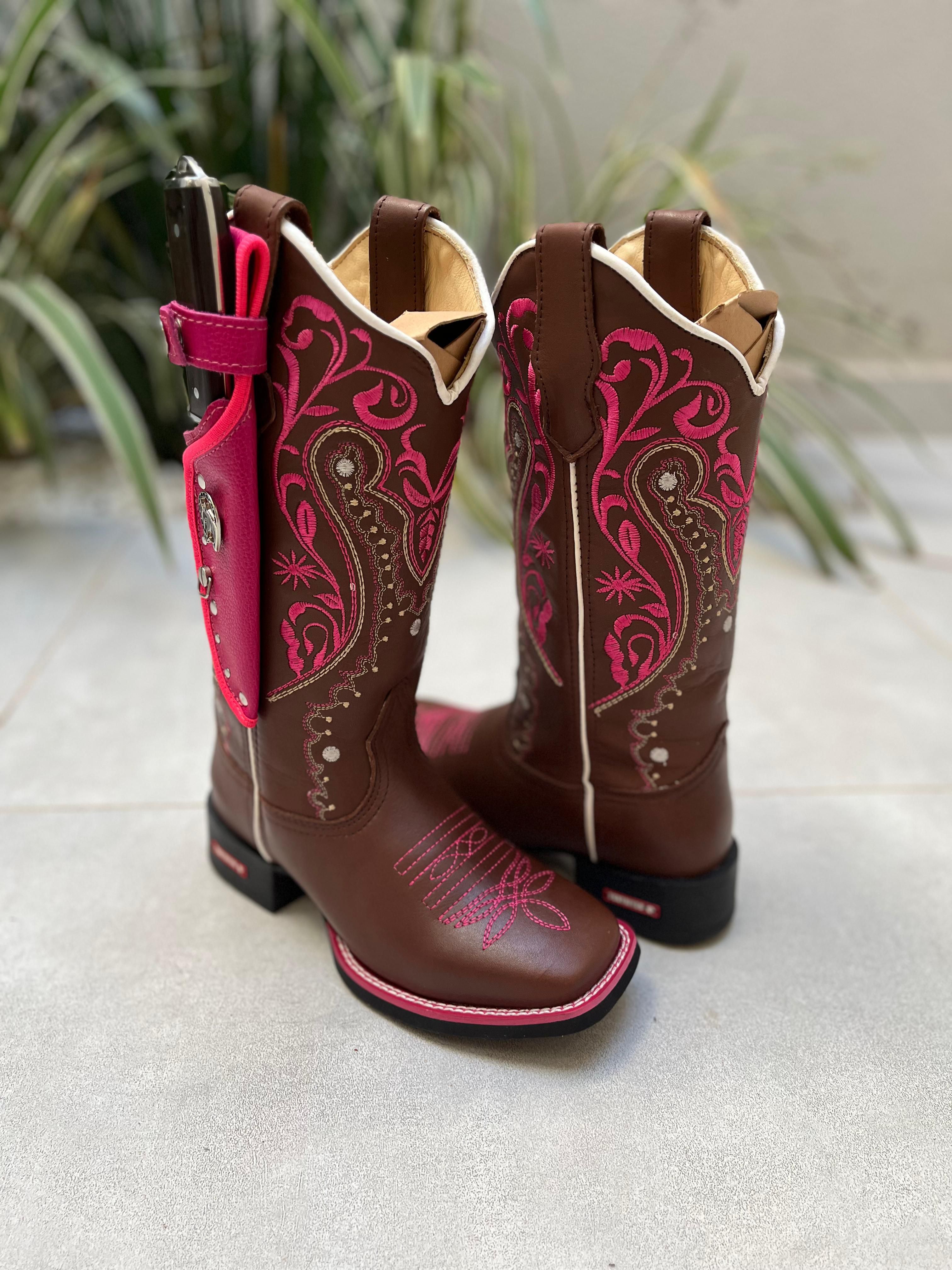 KIT BOTA TEXANA EM COURO MARROM CAFÉ BORDADO TRIBAL + VIRA ROSA ...