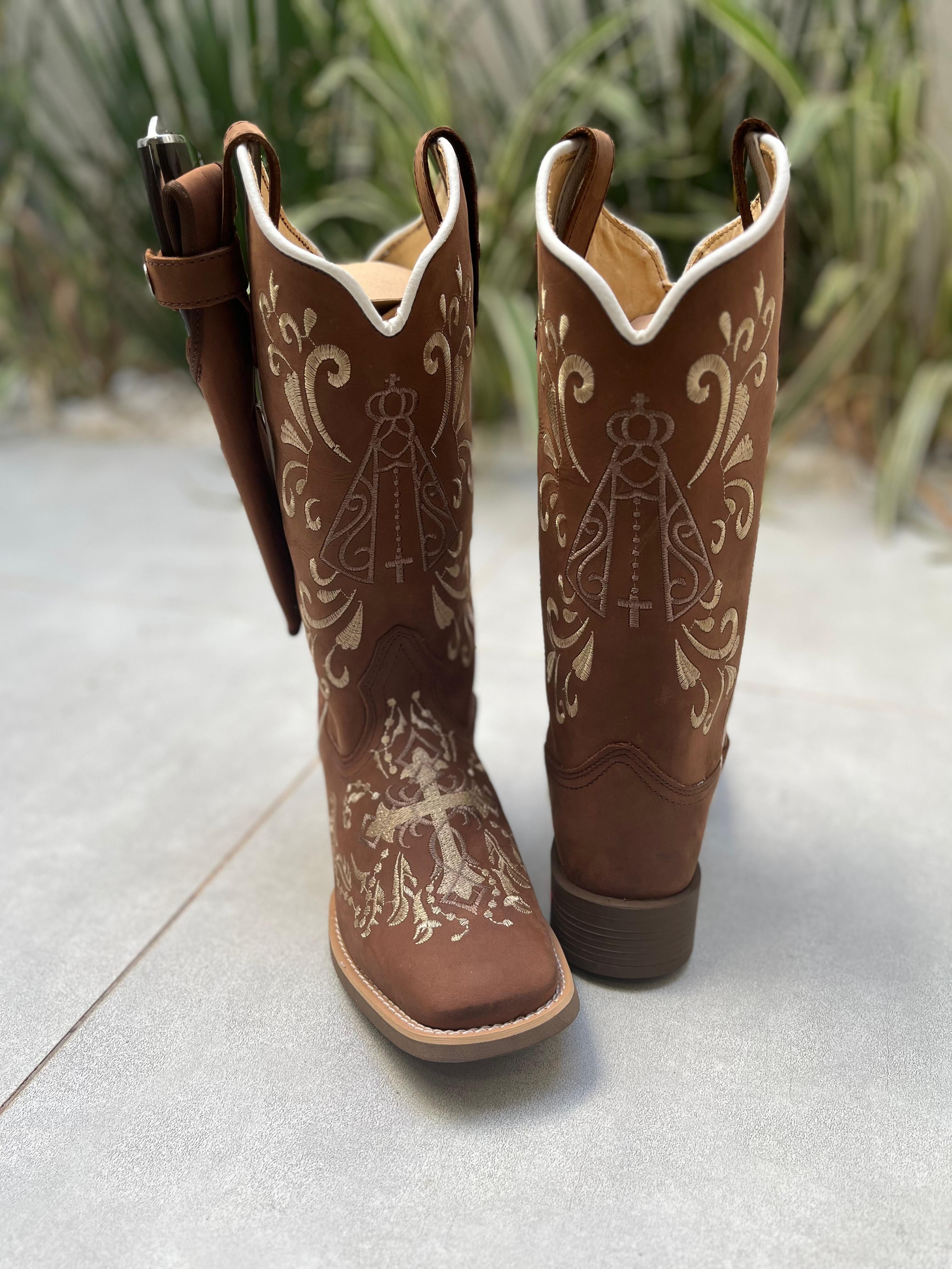 BOTA TEXANA EM COURO BORDADO CRUZ E NOSSA SENHORA + BAINHA + FACA ...