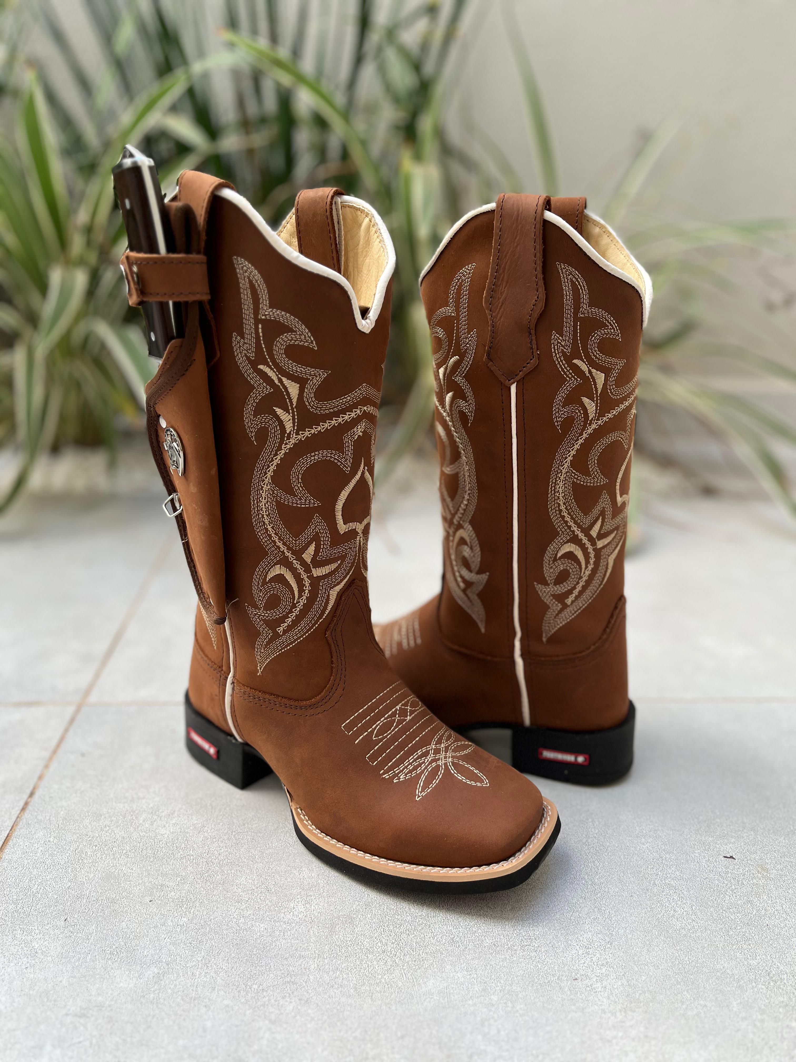 BOTA TEXANA EM COURO HORSE CAFÉ BORDADO BEGE BASICA + BAINHA + FACA ...