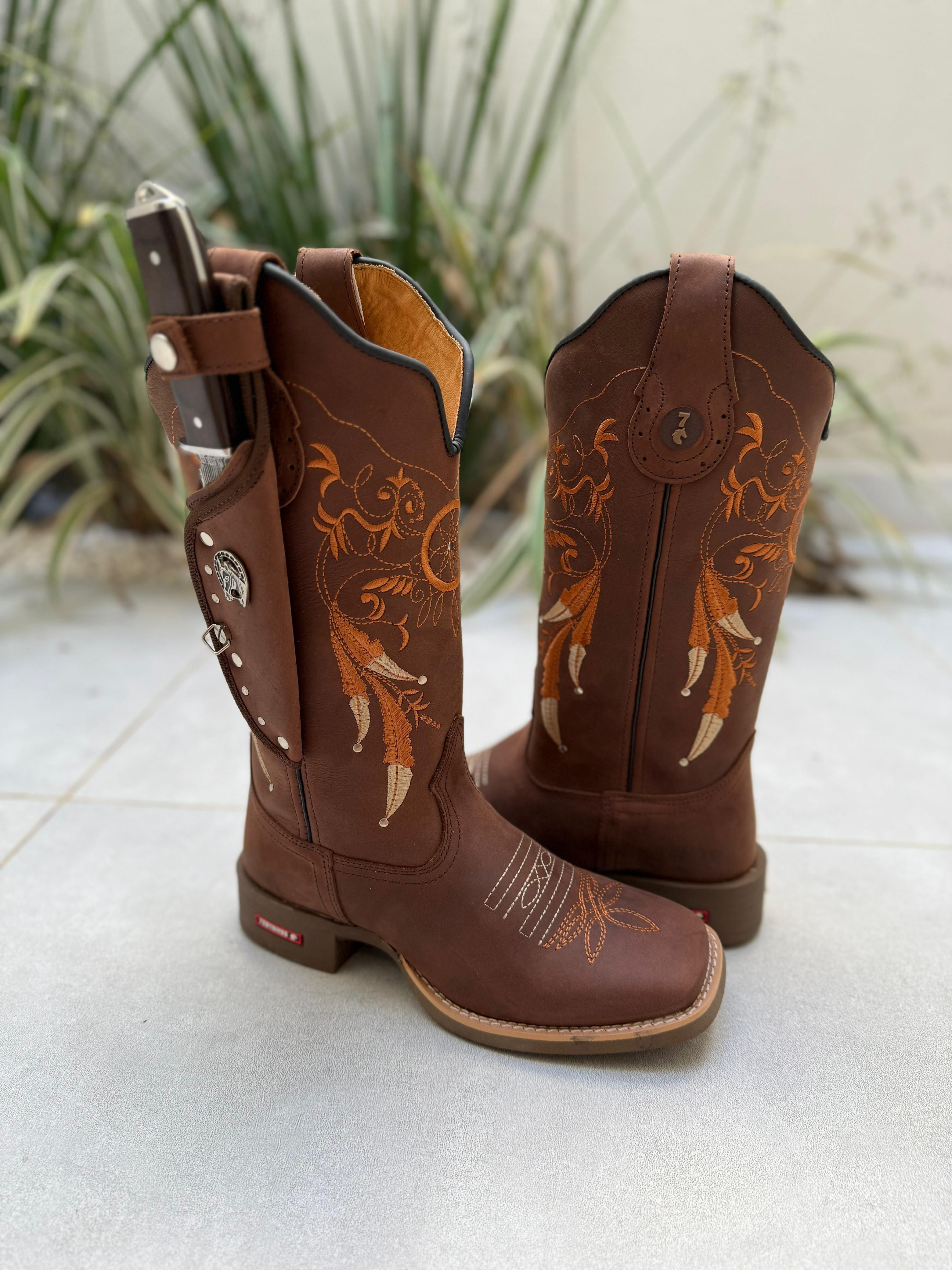 BOTA TEXANA EM COURO MARROM BORDADO FILTRO DOS SONHOS LARANJA + BAINHA ...