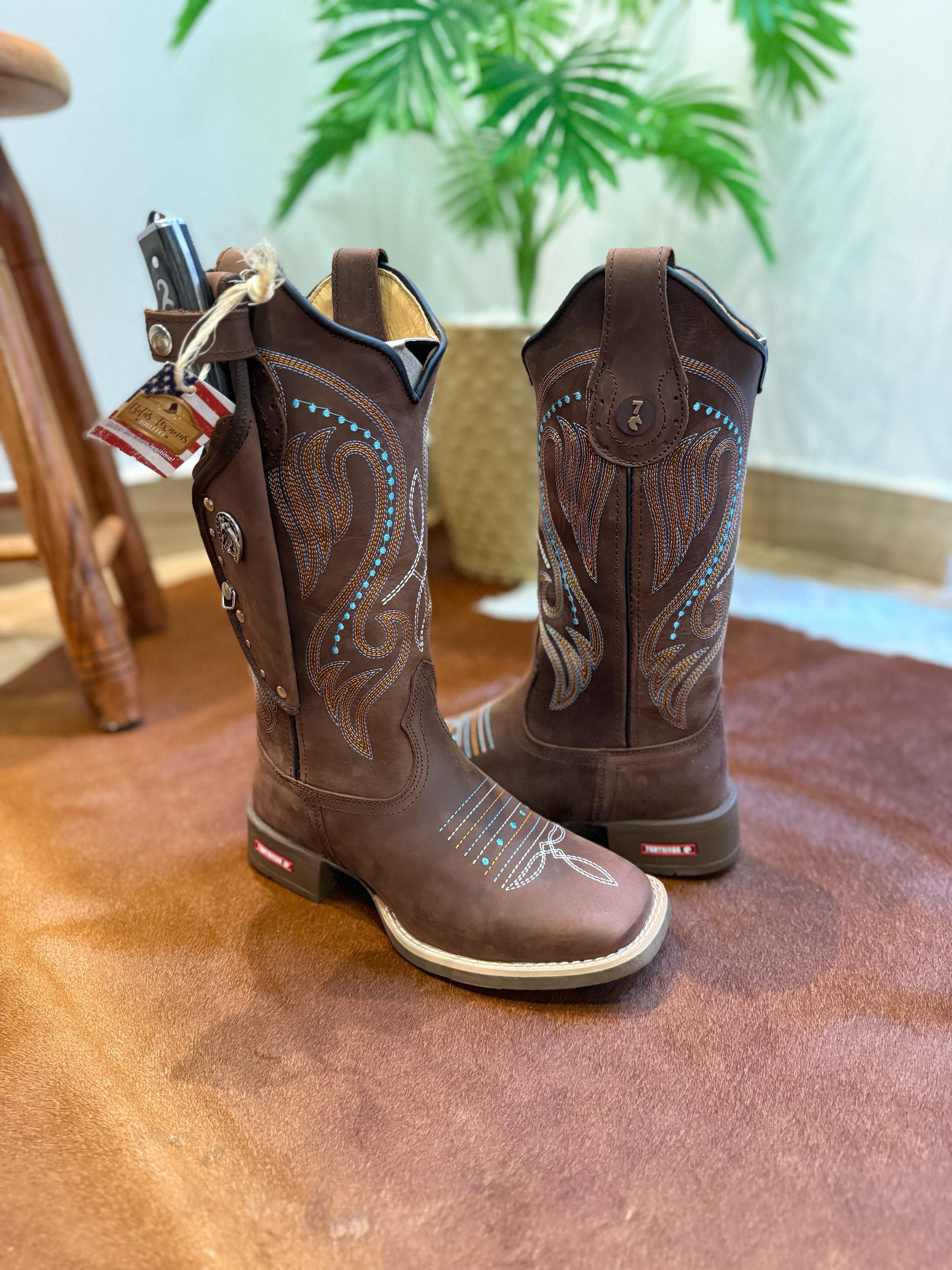 KIT BOTA TEXANA EM COURO BORDADO PONTILHADO AZUL SOLADO MARROM + BAINHA ...