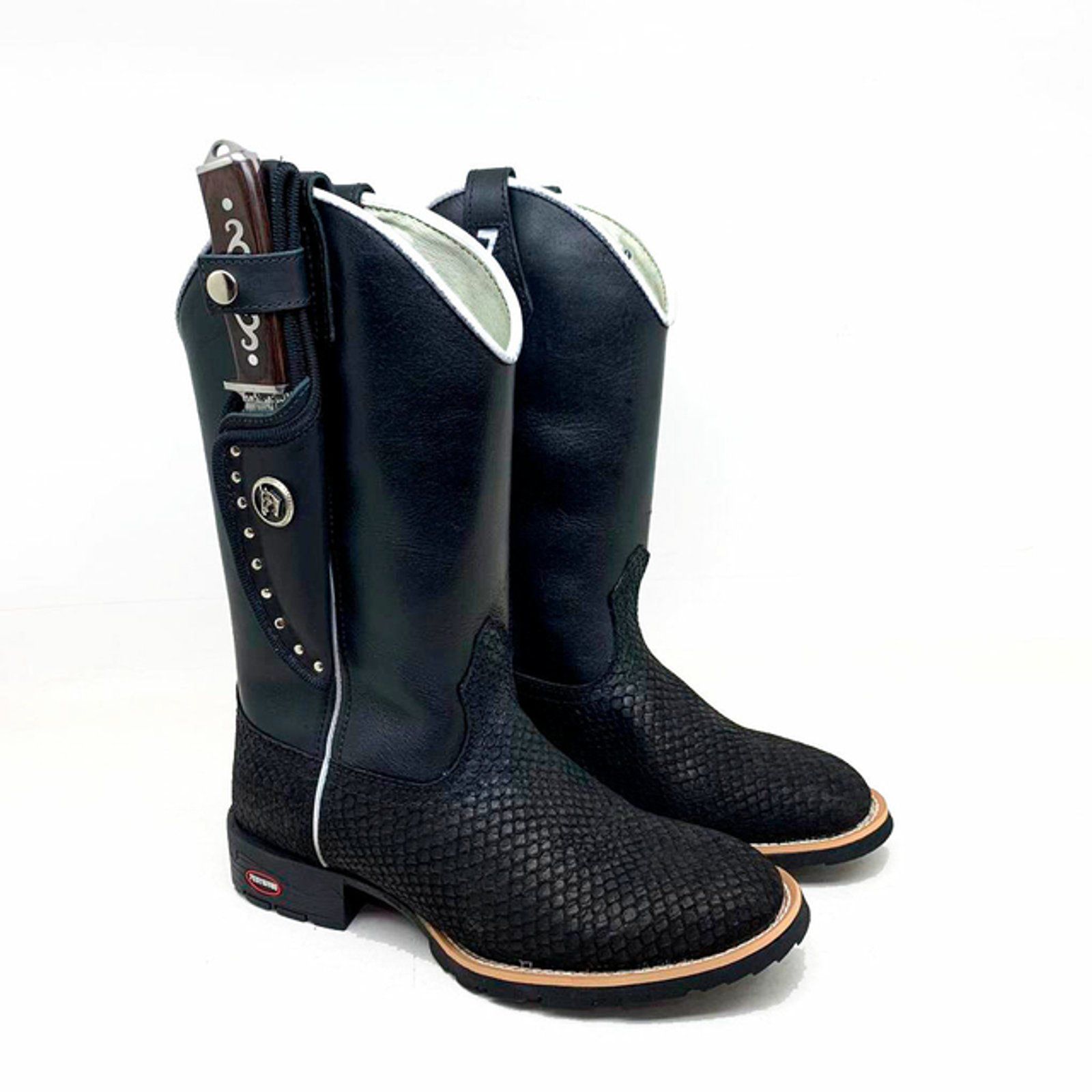 KIT TEXANA EM COURO ESTILIZADO PRETO + BAINHA + FACA BICO REDONDO ...