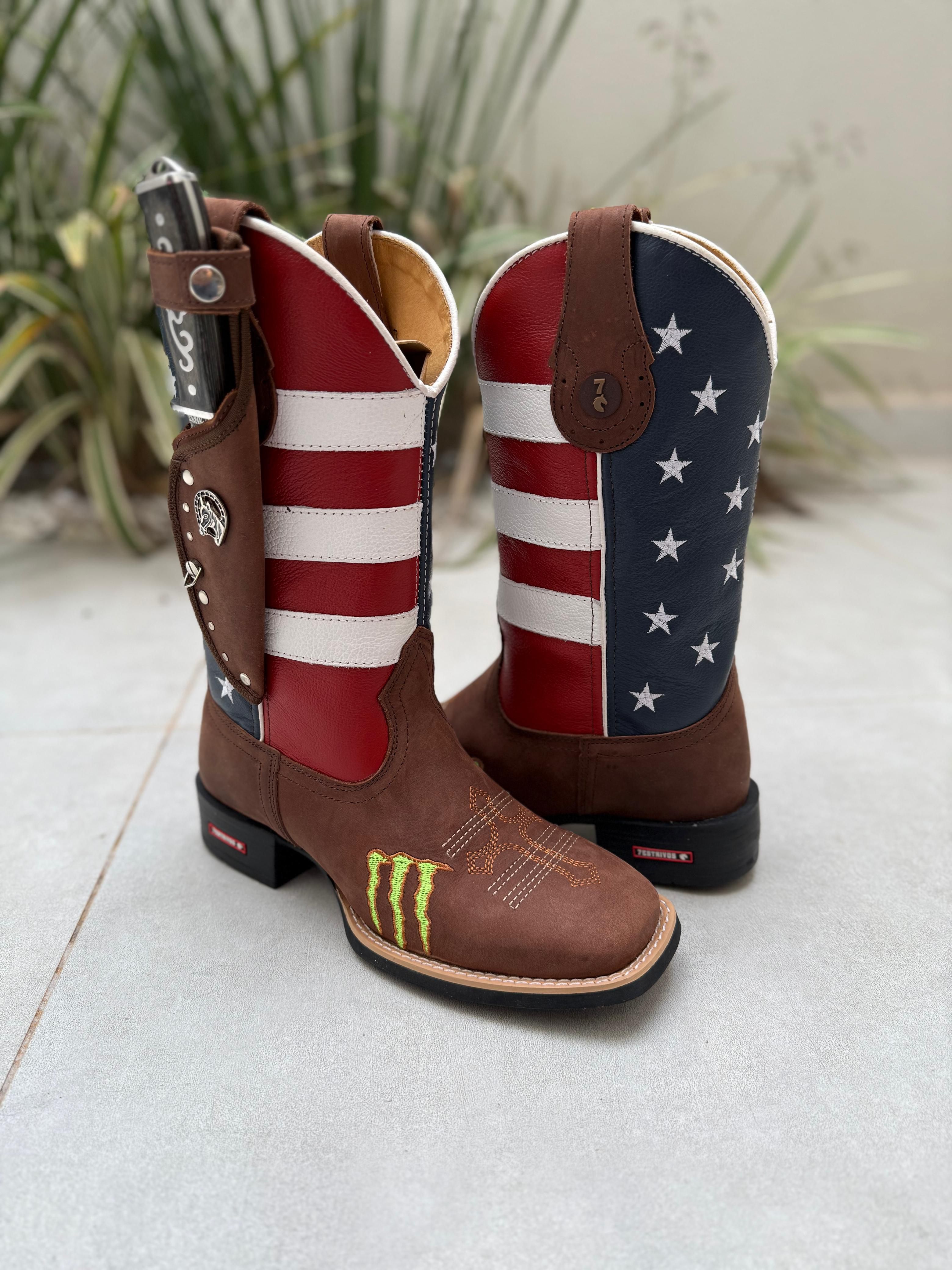 BOTA TEXANA EM COURO ESTADOS UNIDOS BORDADO MONSTER + BAINHA + FACA ...