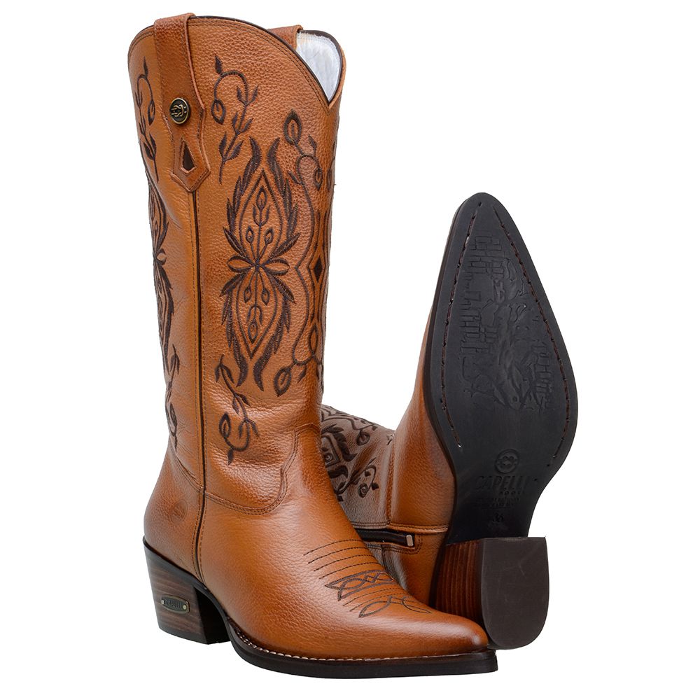 Bota Feminina Texana Bico Fino Cor Castor Em Couro Nobre Bordado Café ...