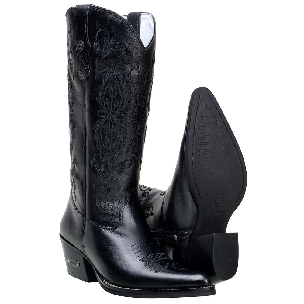 Bota Feminina Texana Couro Nobre Cor Preta Bordada Cano | CAPELLI BOOTS