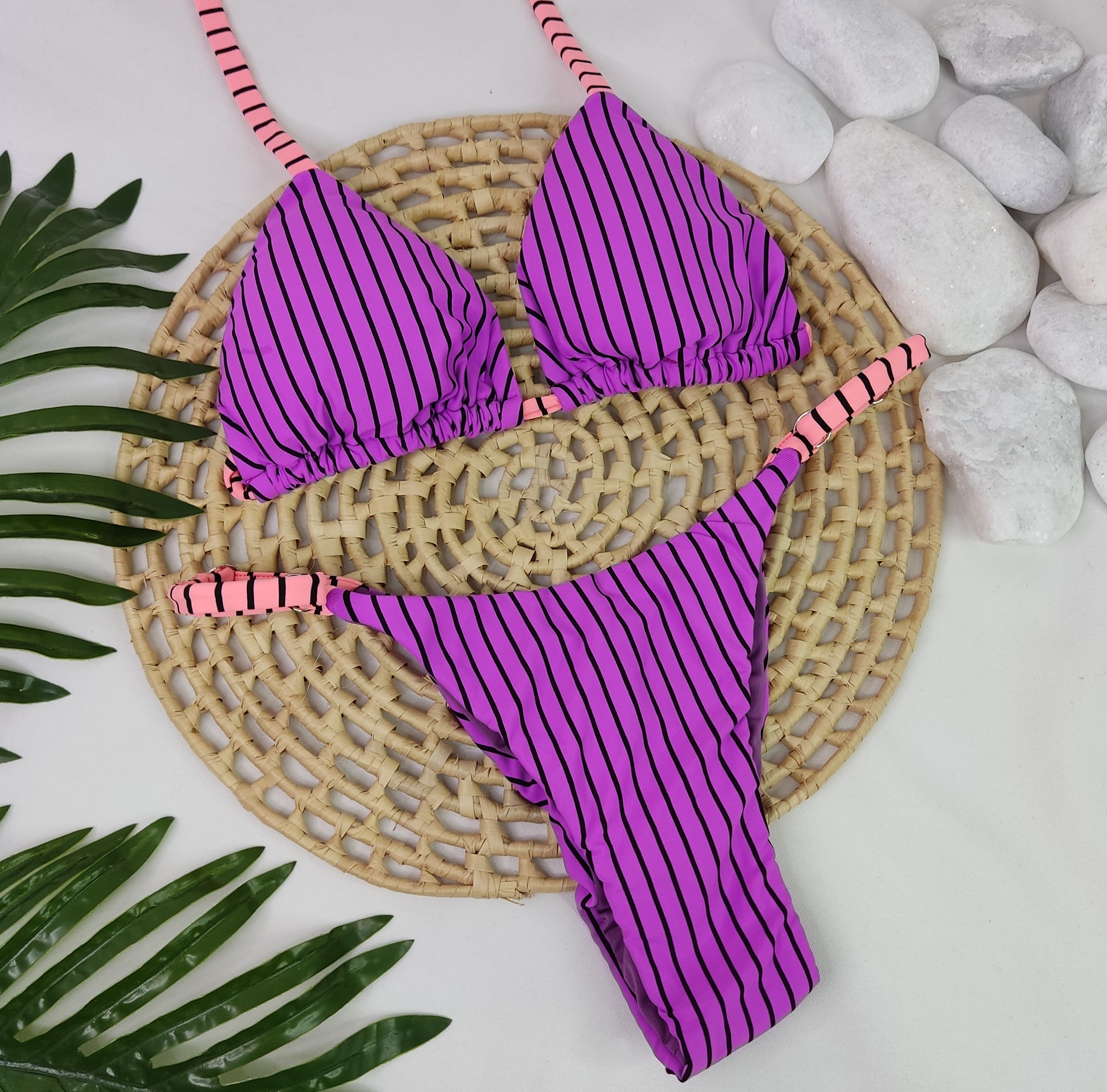 Conjunto Summer Listrado Roxo com tiras pêssego | CARIOKAS MODA PRAIA