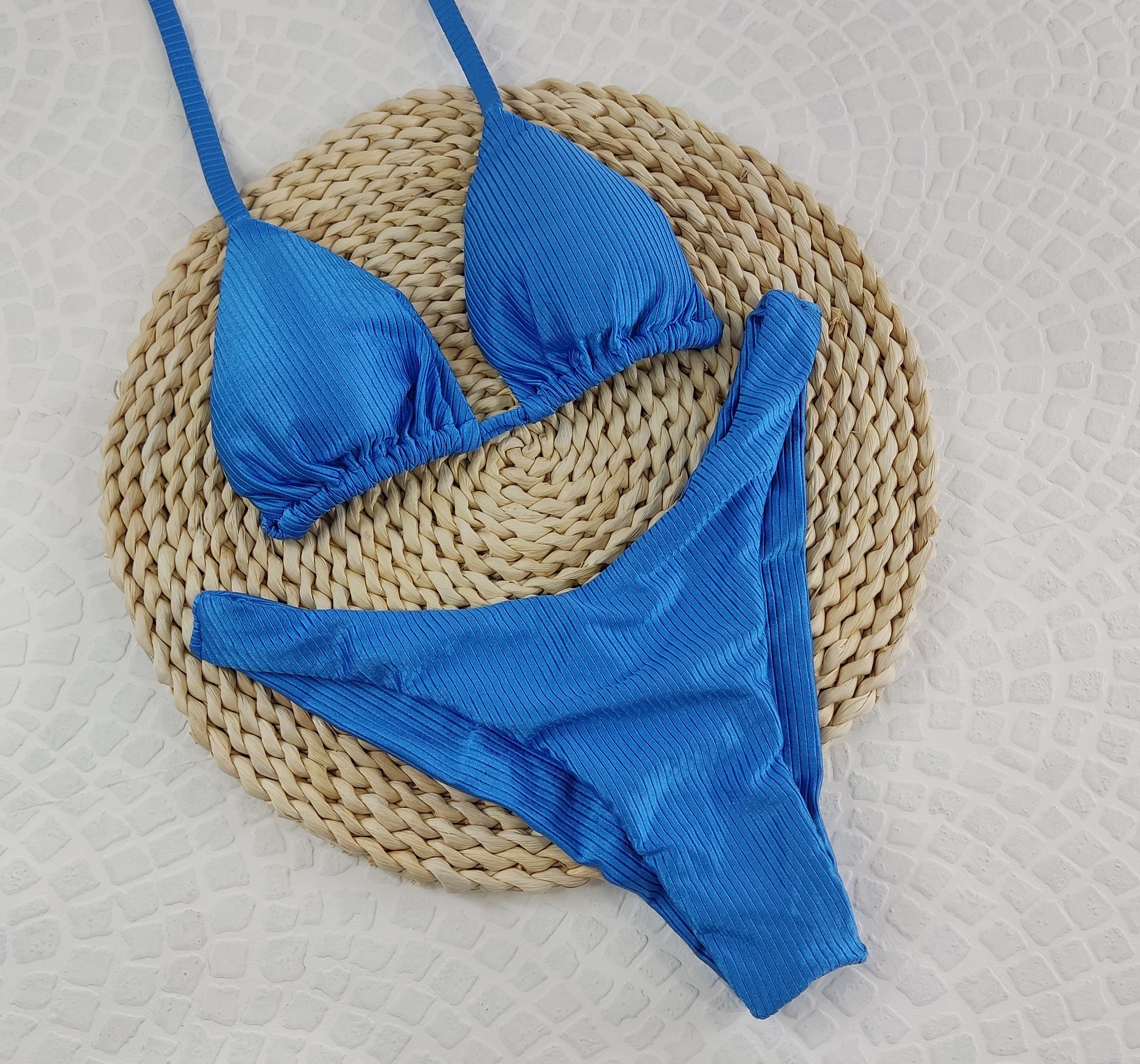 Conjunto Liz Azul Canelado | CARIOKAS MODA PRAIA