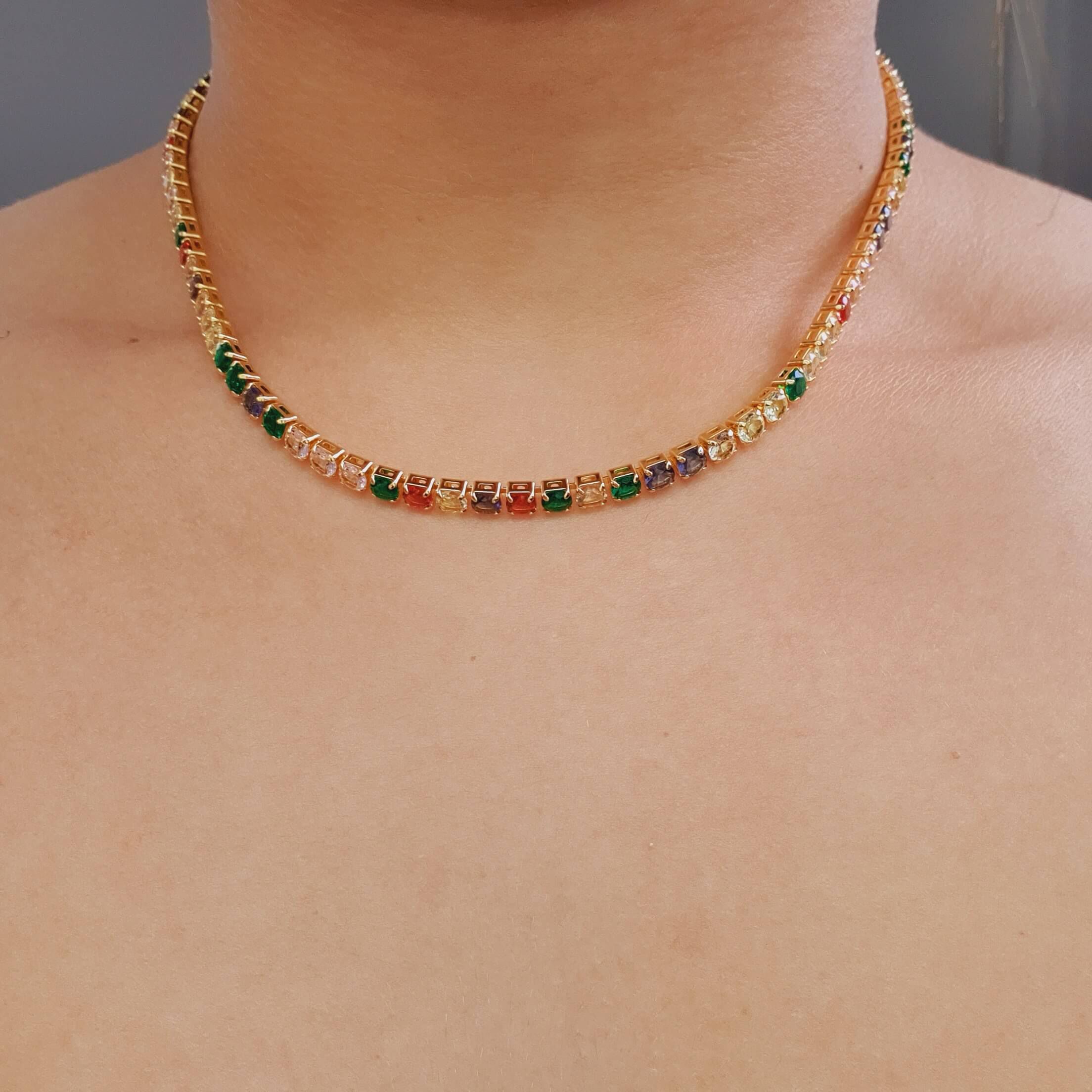 Colar Elegância Folheado A Ouro 18K Com Zircônia Colorida - Chérie Bijoux