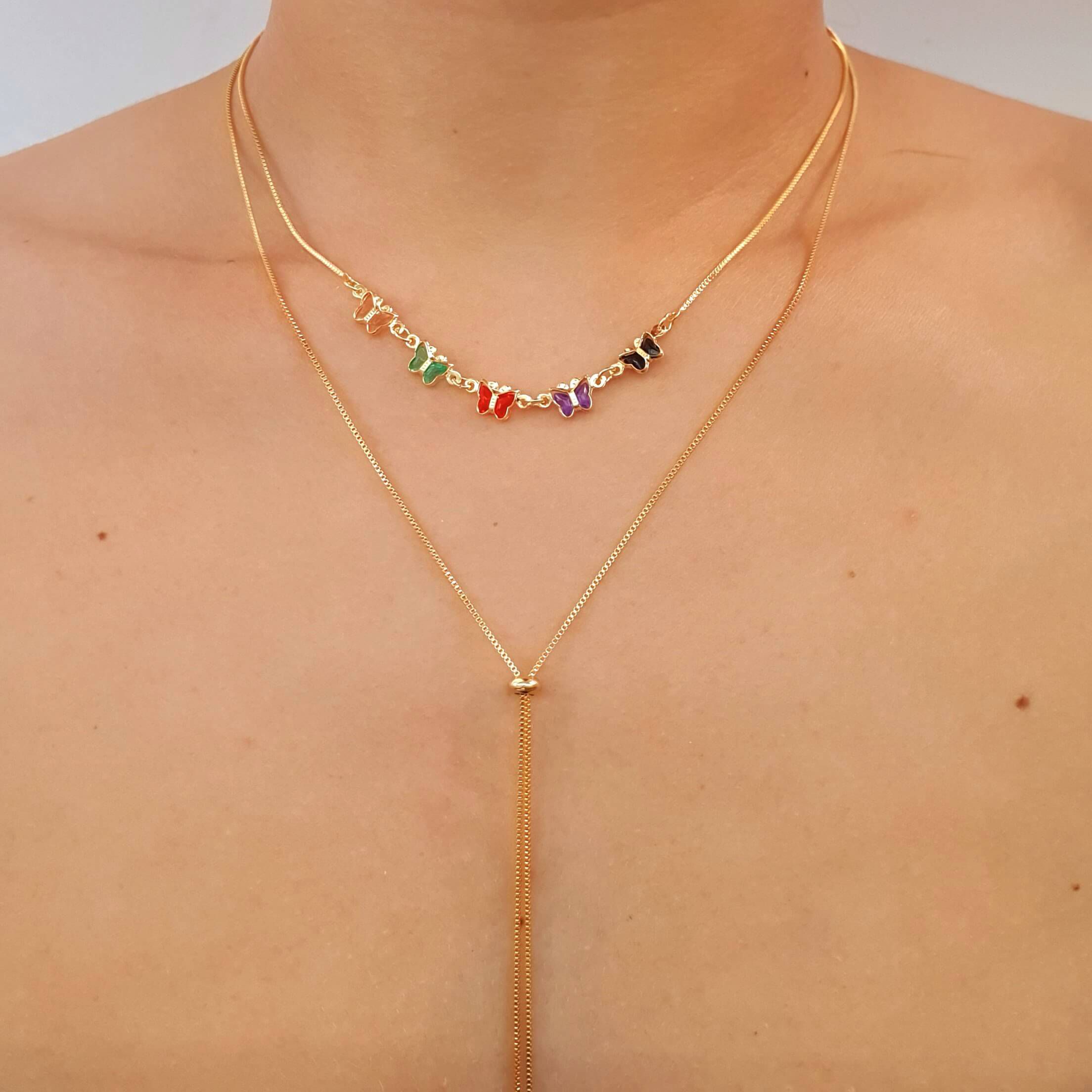 Colar Duplo Folheado a Ouro 18K Borboleta Colorida - Chérie Bijoux