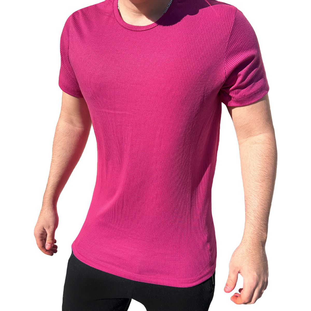 Camiseta Malha Canelada Slim Fit Manga Curta Masculina Rosa ...