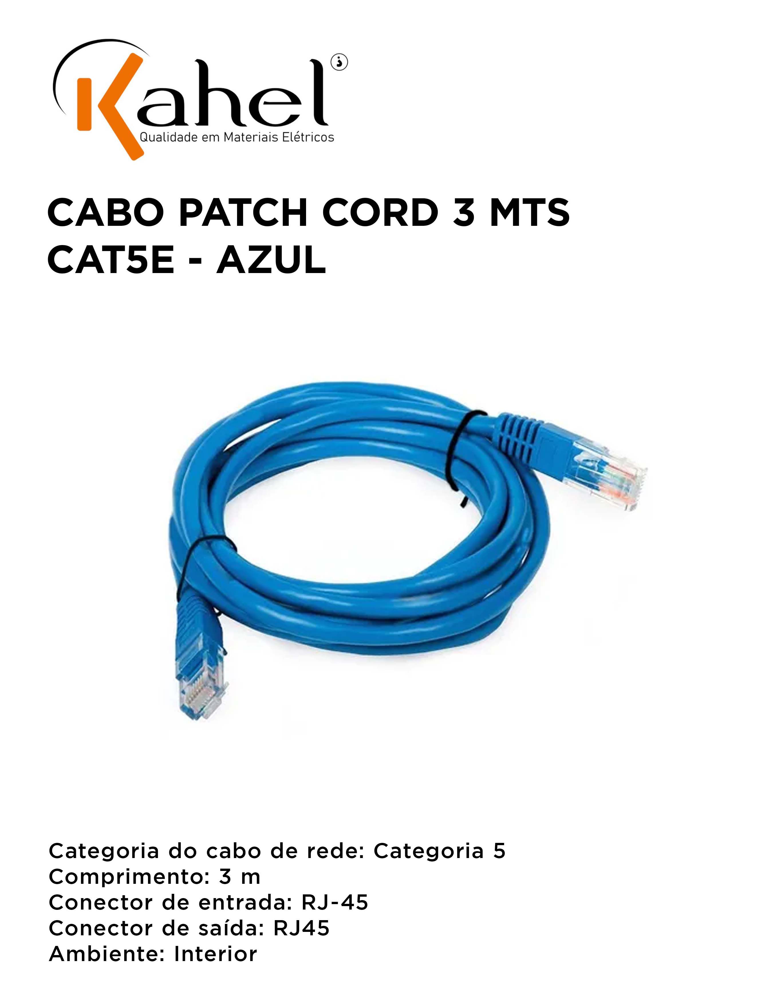 PATCH CORD CAT5E 3 METROS AZUL - KAHEL | Comercial Leal
