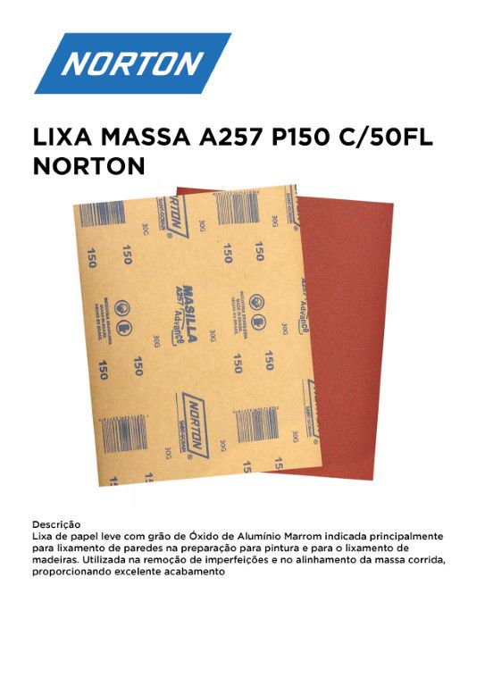 LIXA MASSA A257 P150 COM 50 FOLHAS NORTON | Comercial Leal