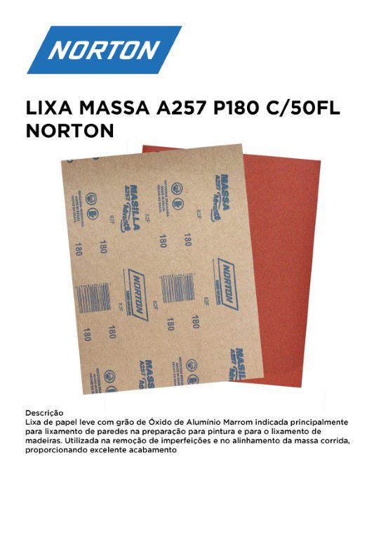 LIXA MASSA A257 P180 COM 50 FOLHAS NORTON | Comercial Leal