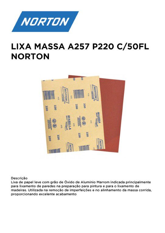 LIXA MASSA A257 P220 COM 50 FOLHAS NORTON | Comercial Leal