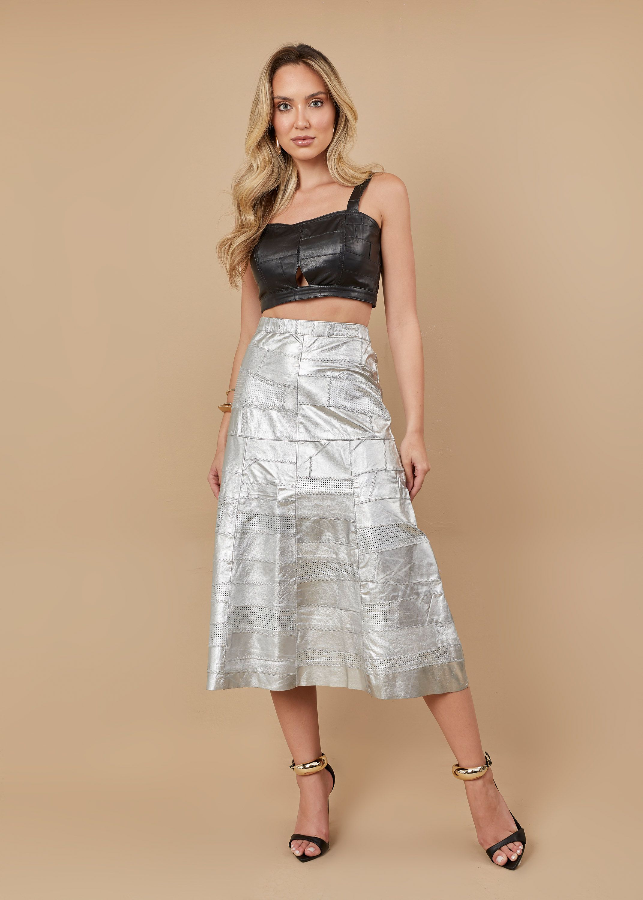 Saia de Couro Pelica Patchwork Feminina Bicolor Prata | Elite Couro Store