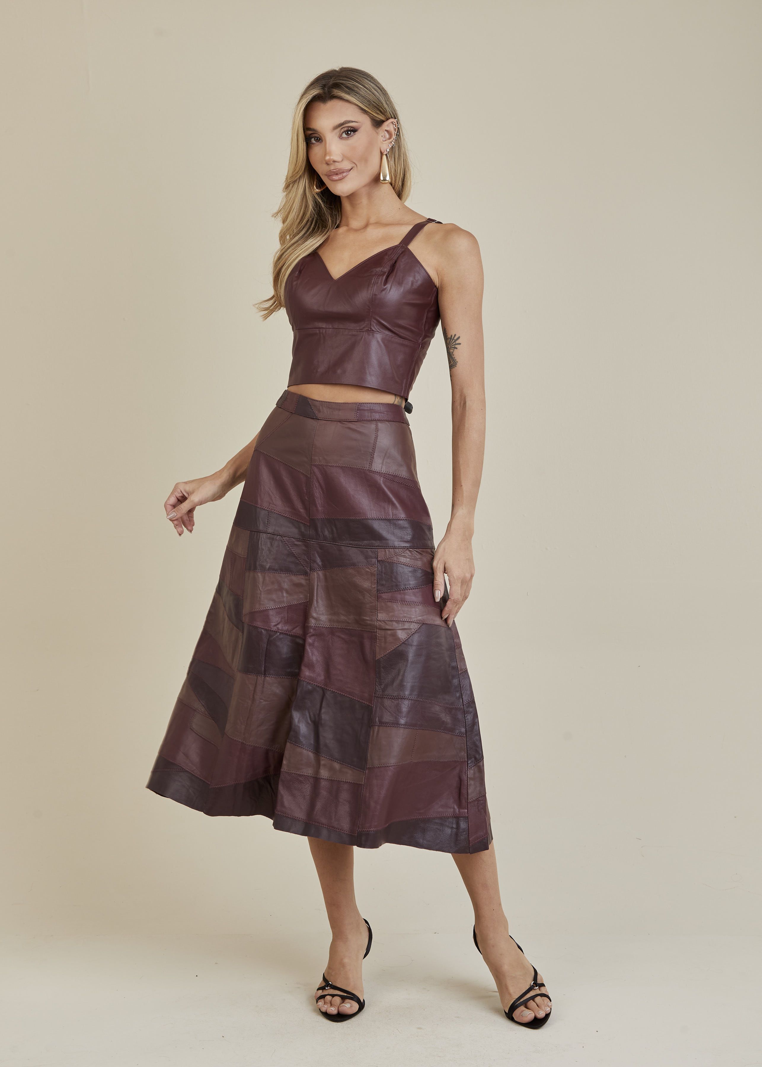 Saia De Couro Pelica Patchwork Feminina Bicolor Marrom | Elite Couro Store