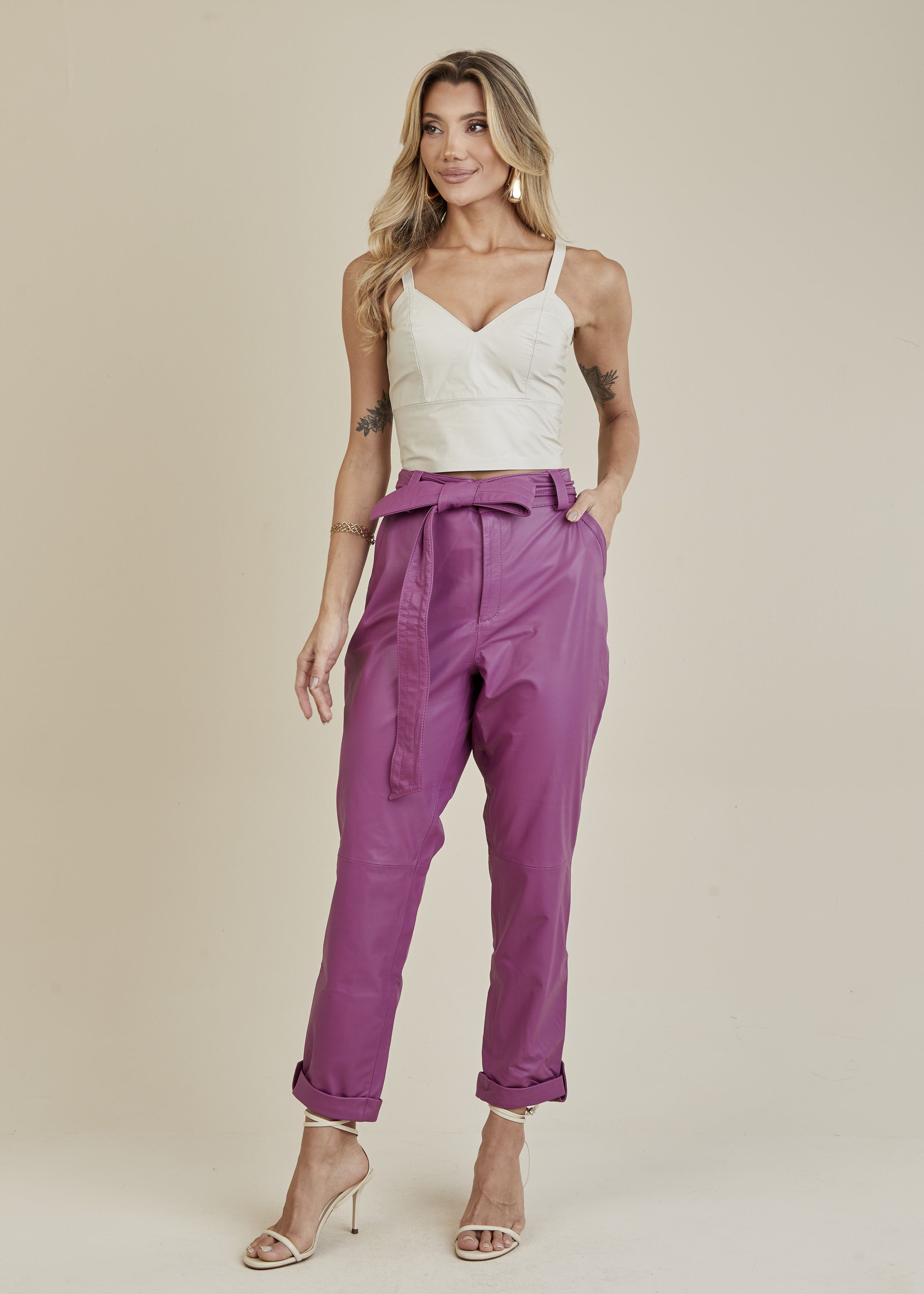 Calça Clochard De Couro Feminina Fúcsia Sarah | Elite Couro Store