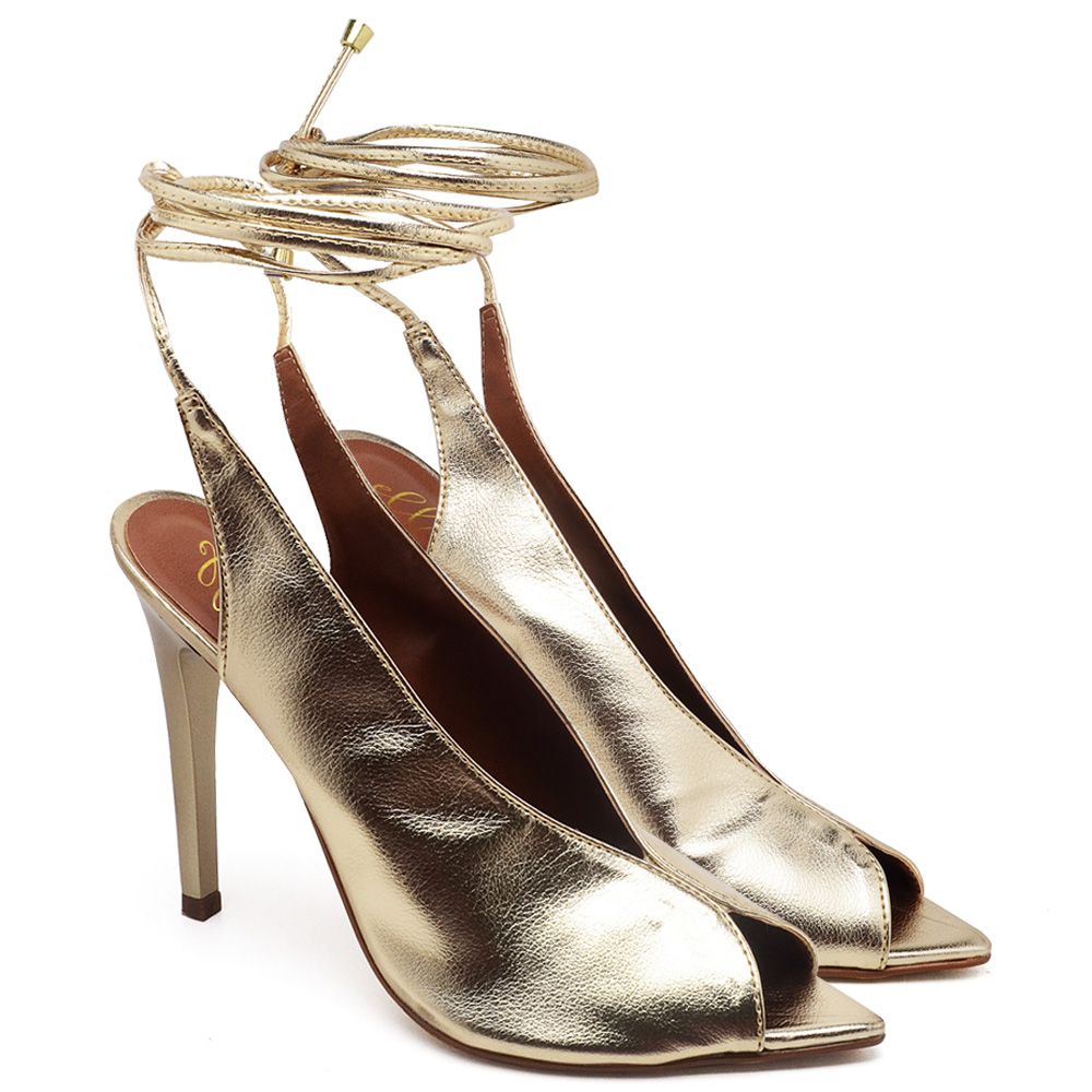 7946 Sandália Salto Alto Bico Folha Metalic Ouro Light | ELLA´S ONLINE ...