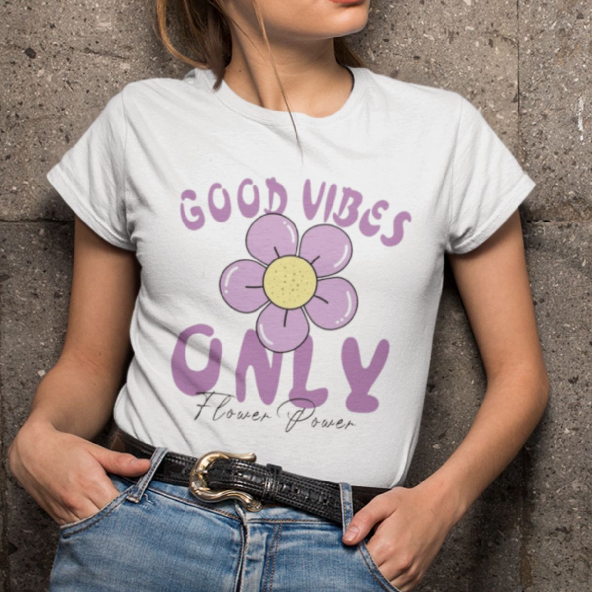 Camiseta Básica Feminina Good Vibes Only Flor 100% Algodão Premium - Branco | GuGi