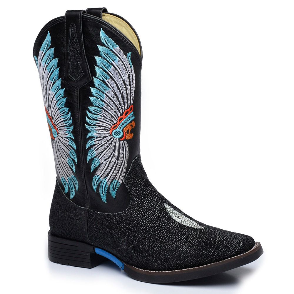 Bota Texana Masculina Bico Quadrado Couro Exótico Arraia Preta e ...