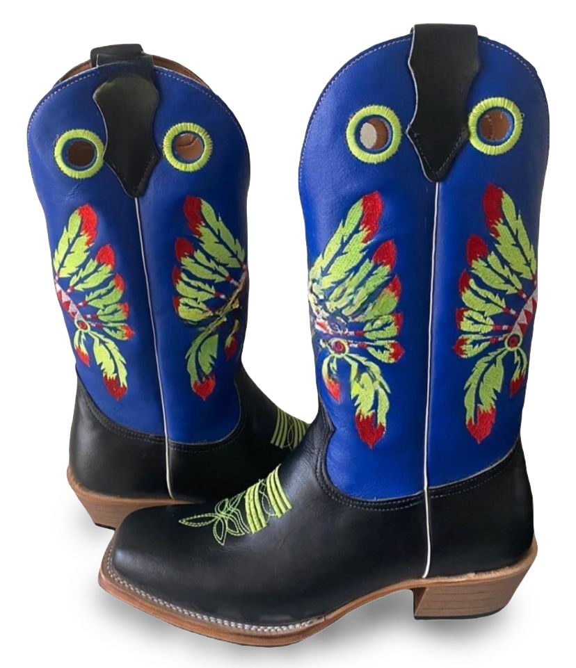 Bota Texana Carrapeta Couro Mustang Preto e Azul | JM Country