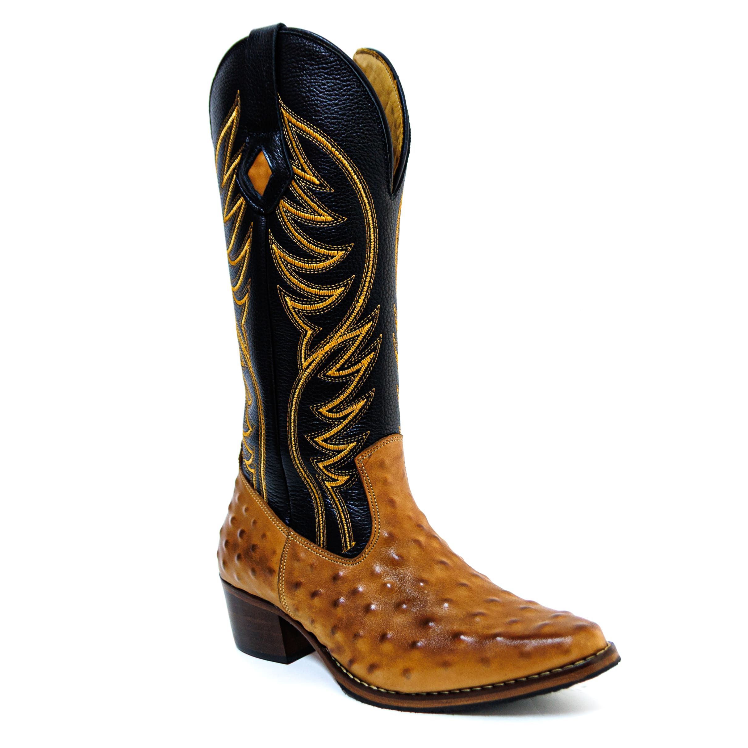 Bota Texana Feminina Country Couro Legítimo Bovino Avestruz Laranja e Floater Preto Bordado Raio ...