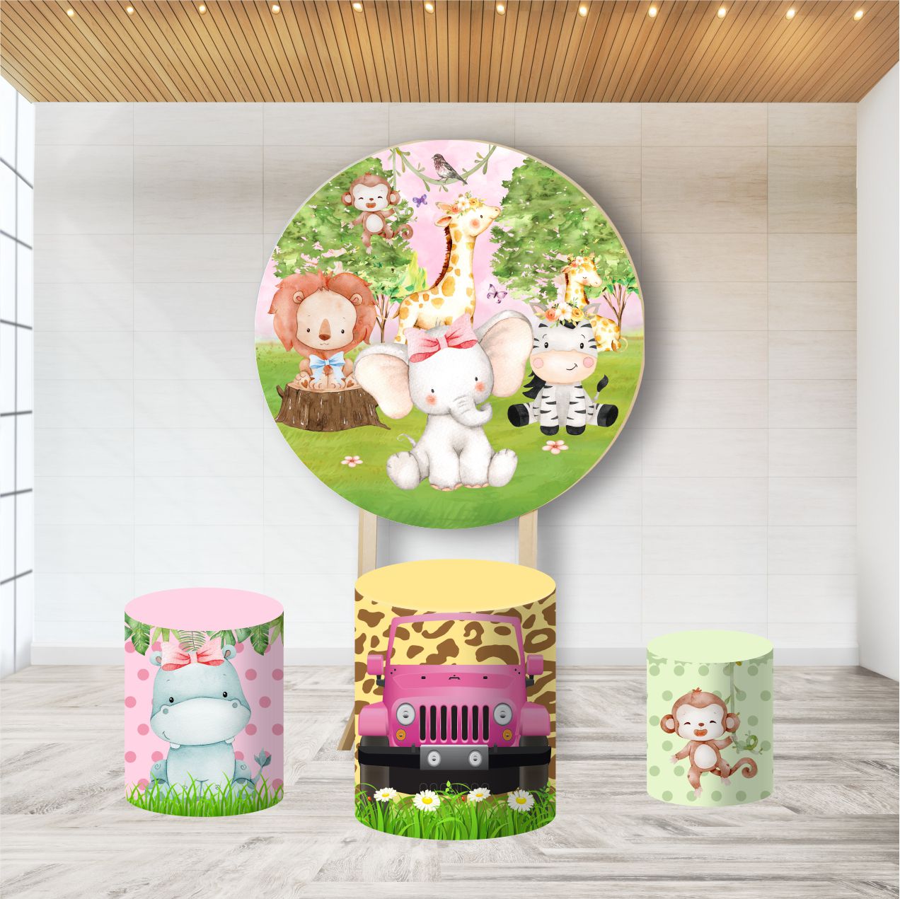 Painel Redondo e Capas de Cilindros Veste fácil com elástico Safari Rosa | Genial Mix