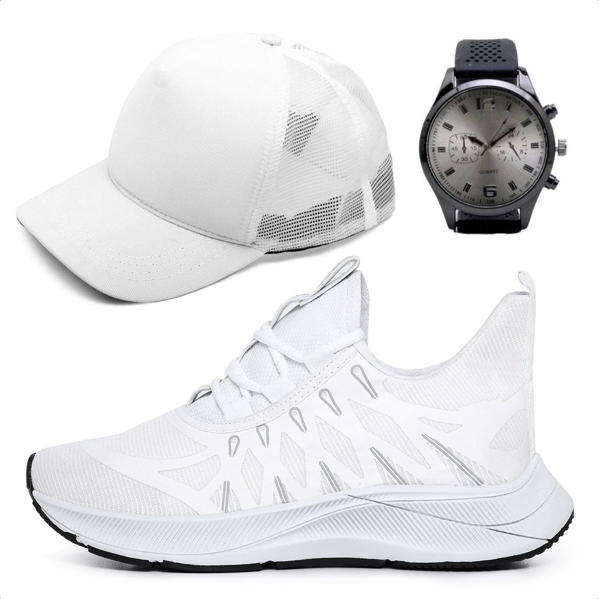 Tênis Esportivo Masculino Ousy Confort Branco Mais Boné e Relógio | Ousy