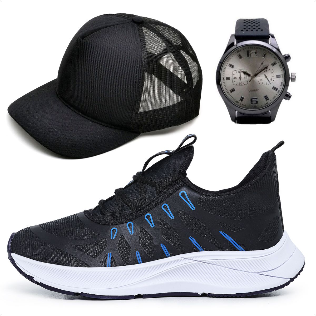 Tênis Esportivo Masculino Ousy Confort Preto e Azul Mais Boné e Relógio ...