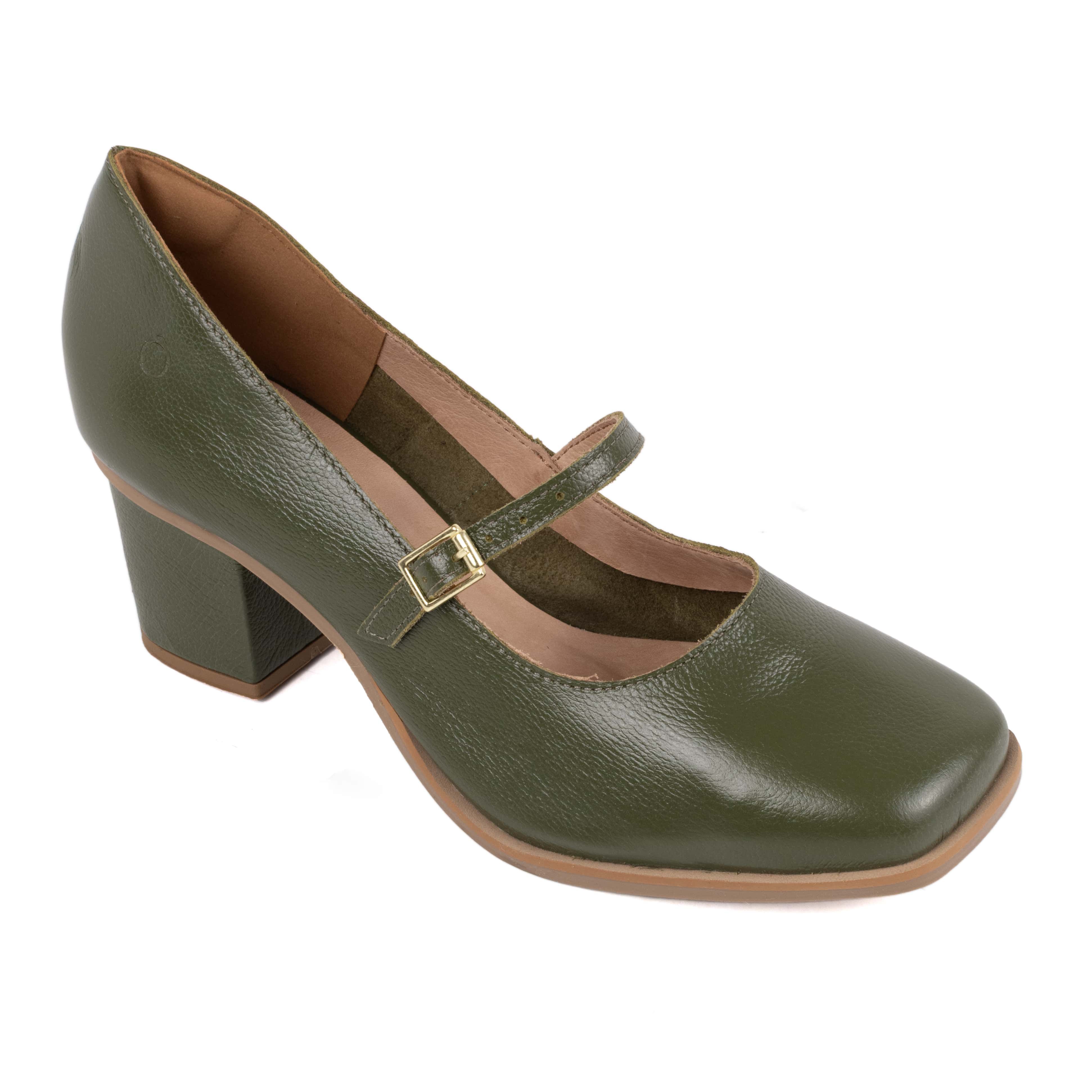 Sapato Retrô Verde Musgo com salto e fivela | Sapato Retro