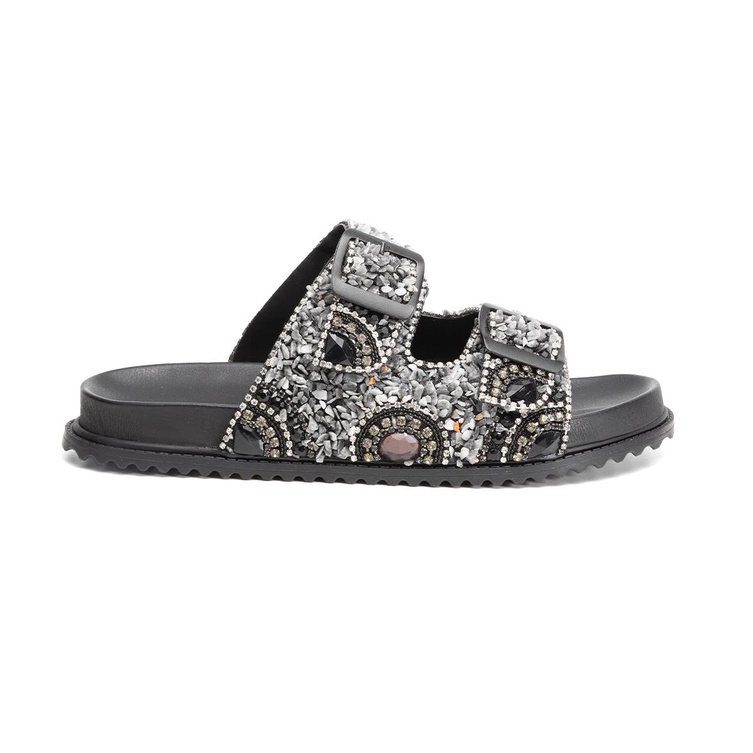 Sandália Papete Birken Pedraria Feminina Preto Safira | Sarah Machado Shoes