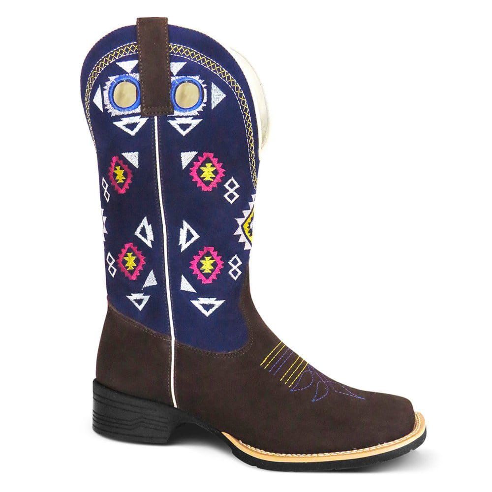 Bota Texana Feminina Couro Nobuck Café e Azul - Silverado Botas ...