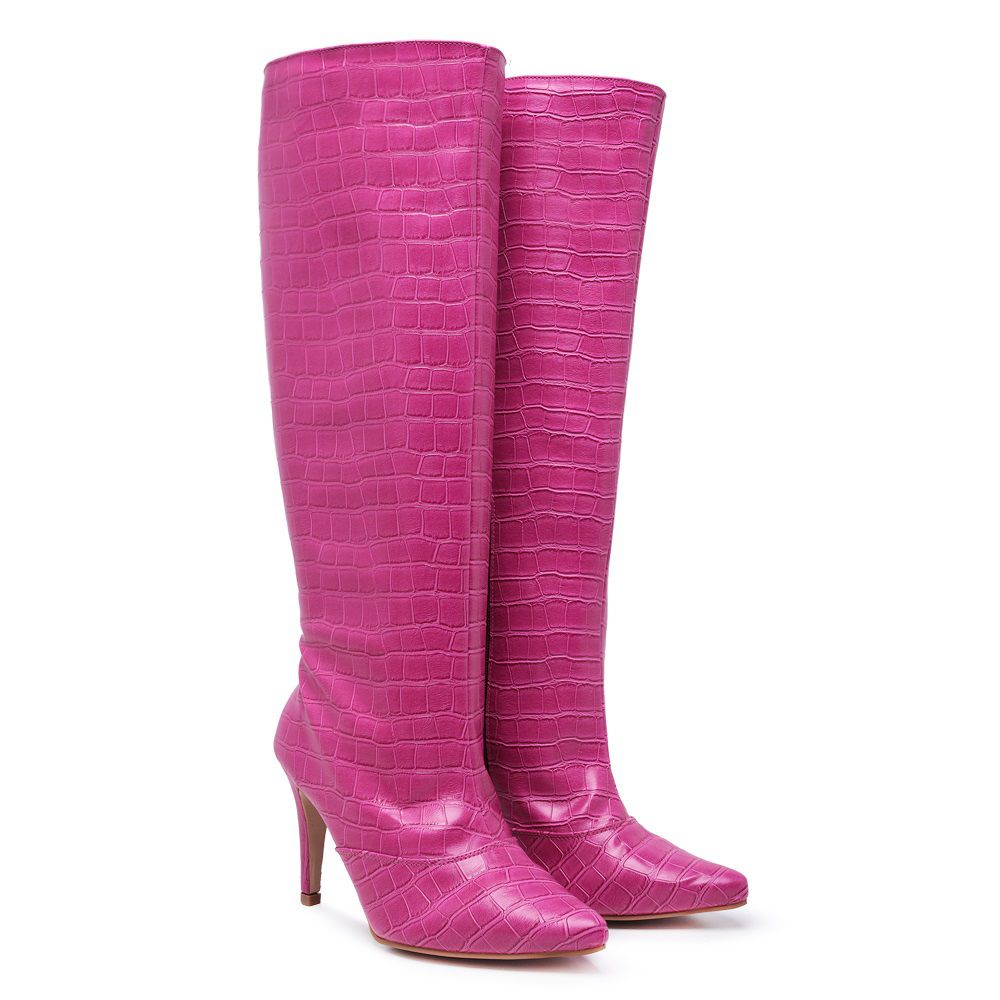Bota Feminina Croco Pink Salto Fino Cano Alto | Torani Calçados
