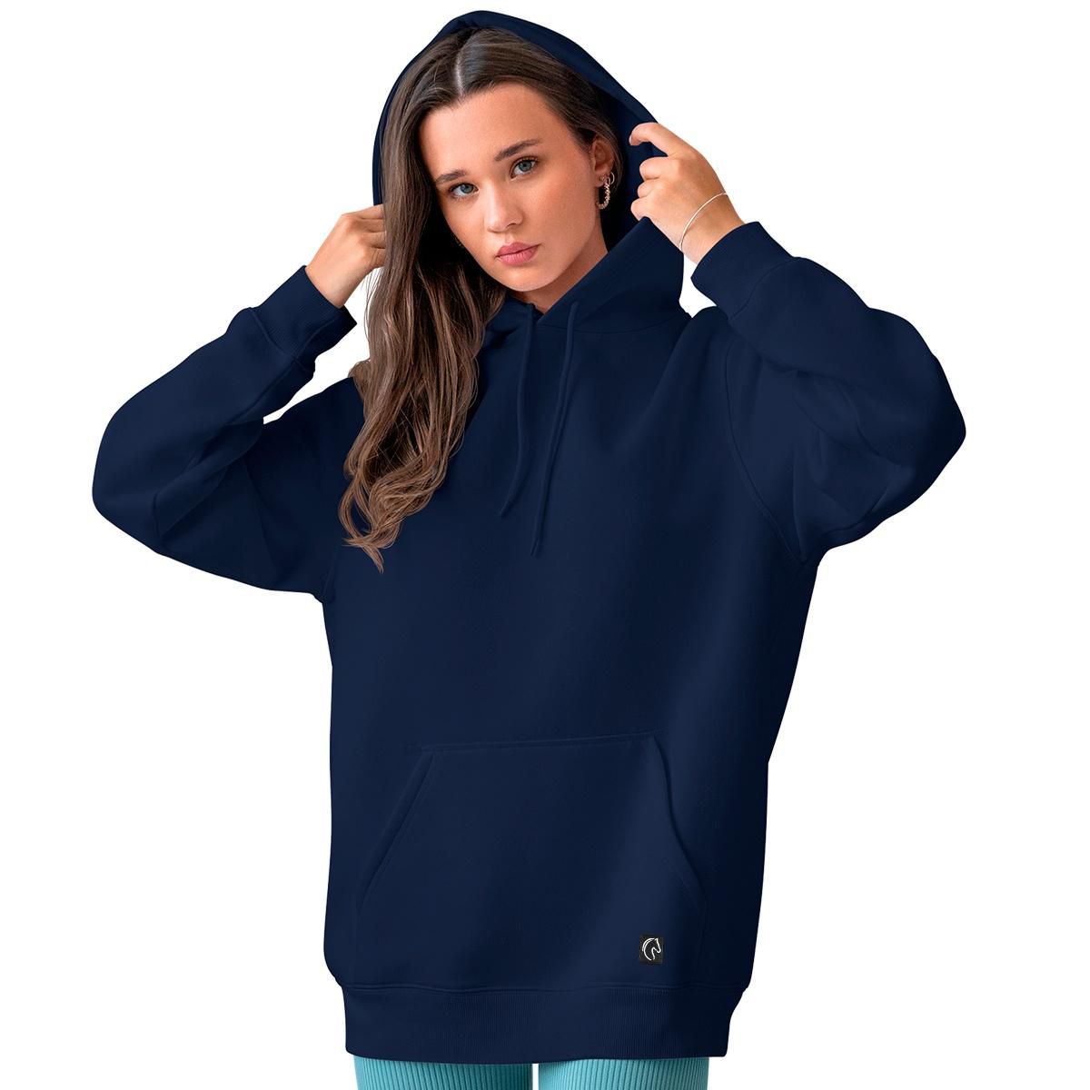 Moletom Feminino Azul Marinho Básico Flanelado Com Capuz e Bolso ...