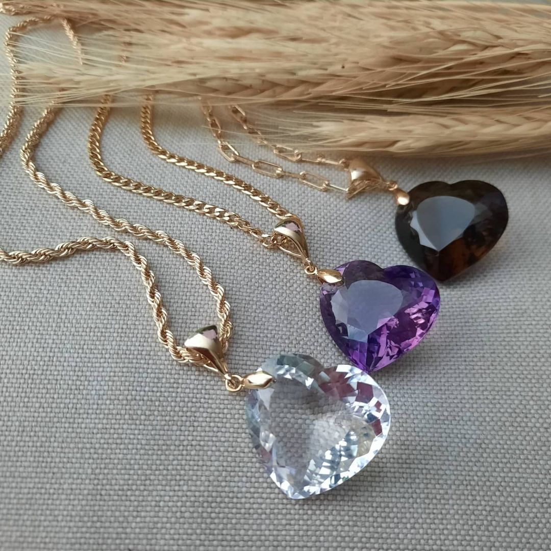 Pingente Coração em Pedra Natural Ametista com banho Ouro 18k. | KAHSH ...