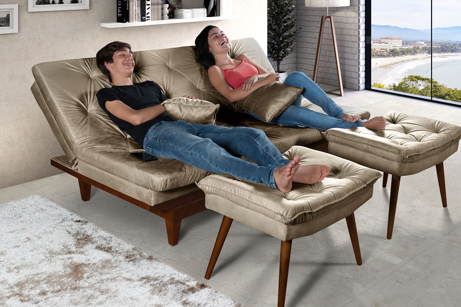 Sofa Cama Bege Reclinavel Caribe + Duas Banquetas Rubi Essencial ...